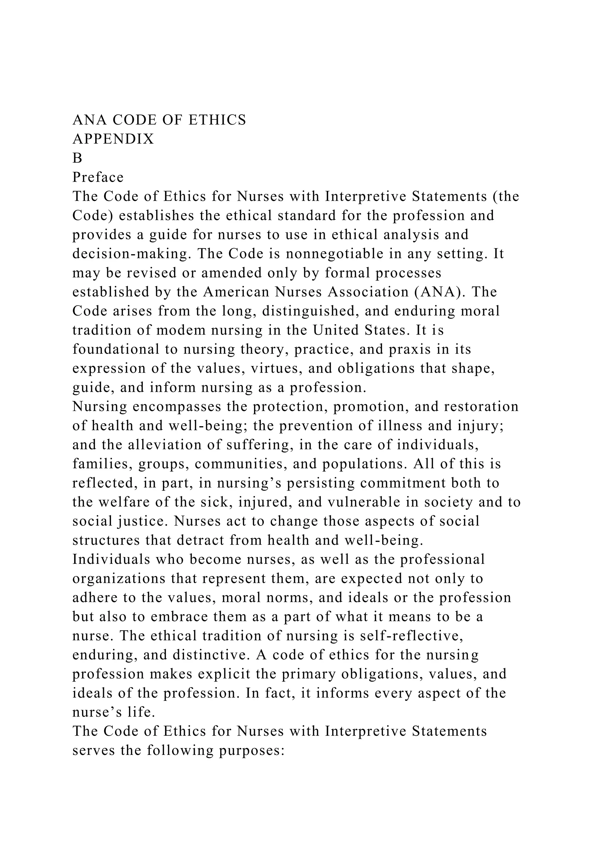 ANA CODE OF ETHICSAPPENDIXBPrefaceThe Code of Ethics for N.docx