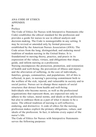 ANA CODE OF ETHICSAPPENDIXBPrefaceThe Code of Ethics for N.docx