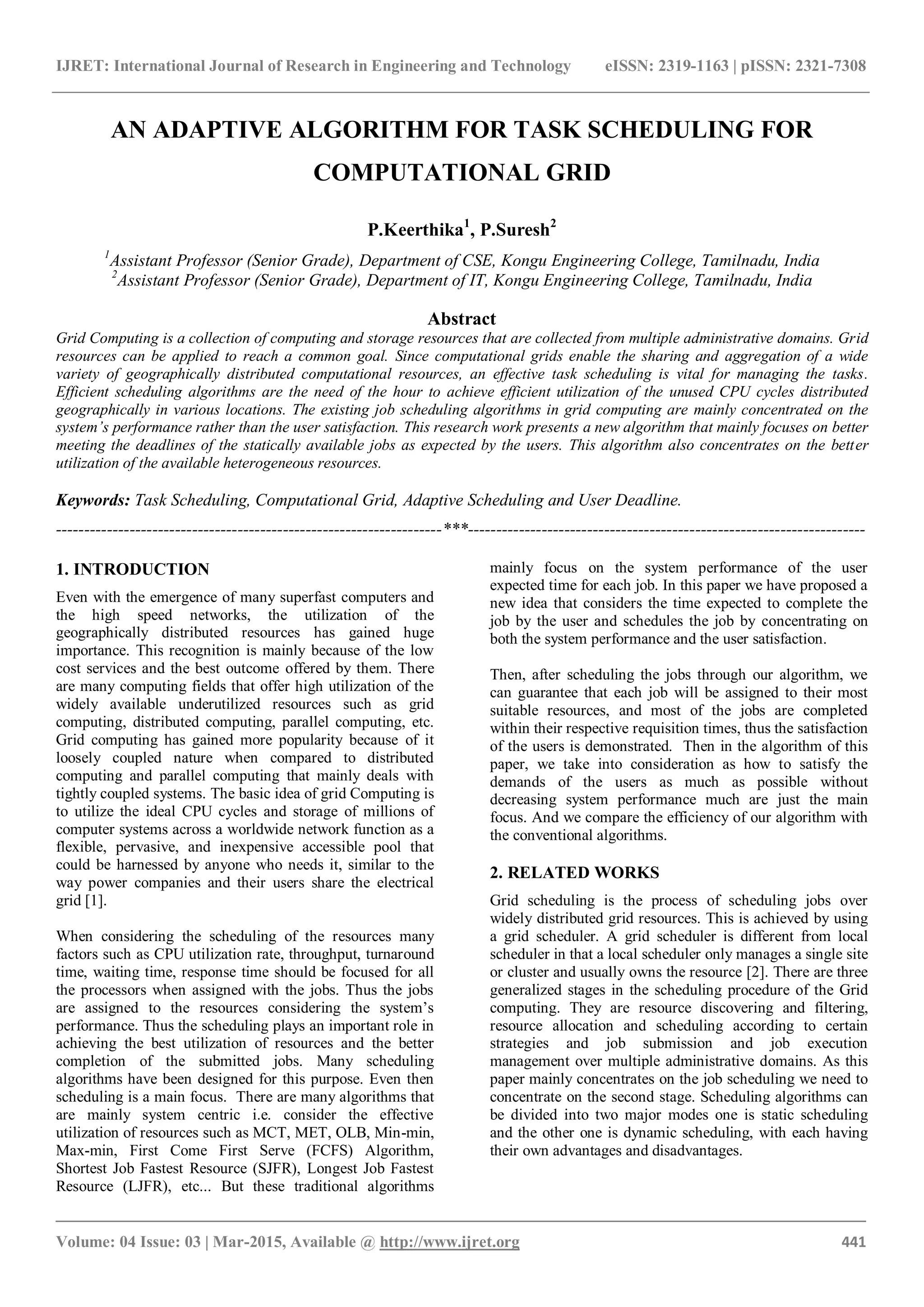 An Adaptive Algorithm For Task Scheduling For Computational Grid Pdf 6809