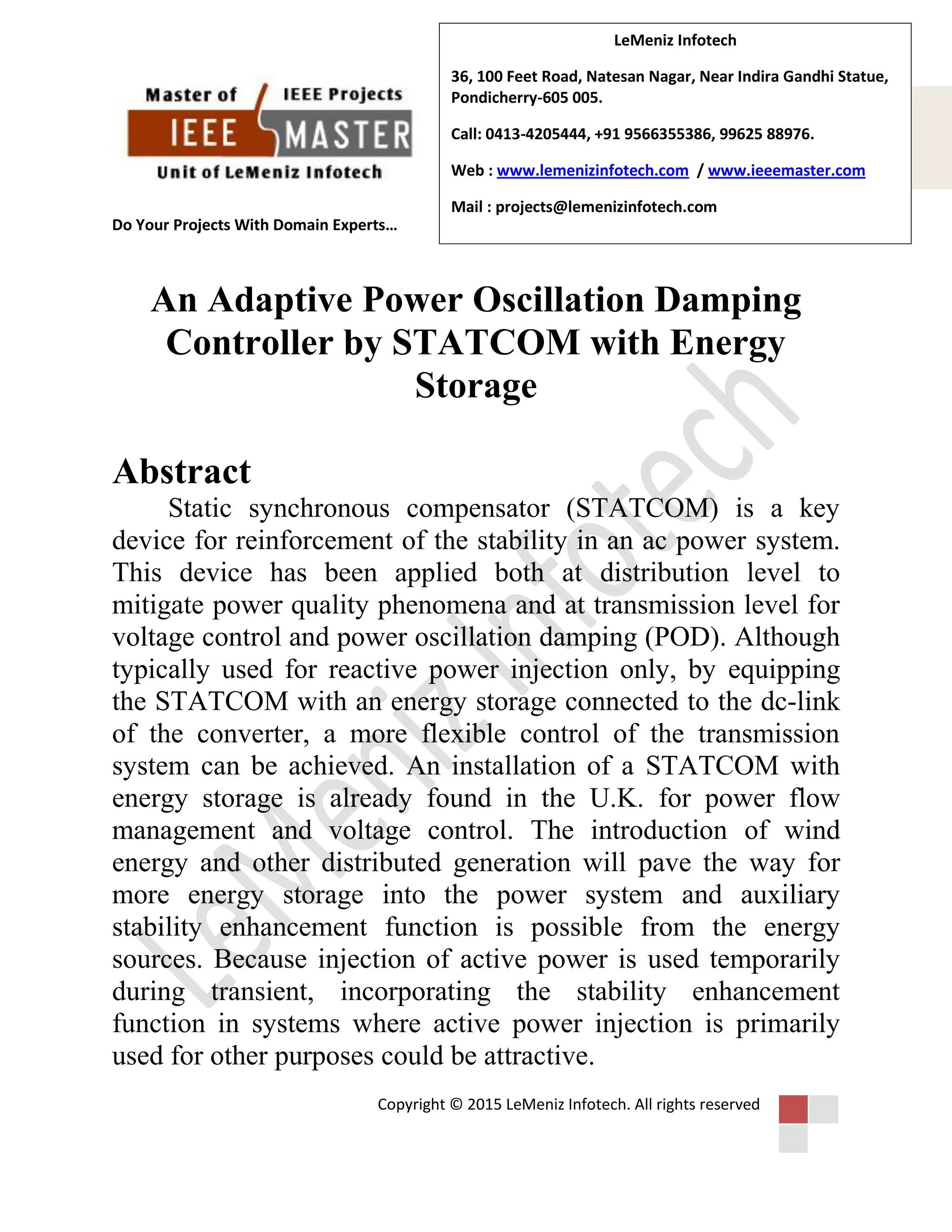 An Adaptive Power Oscillation Damping Controller By Statcom With Energy Storage Pdf Internet