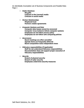 An admittedly incomplete list of business components and possible risks ...