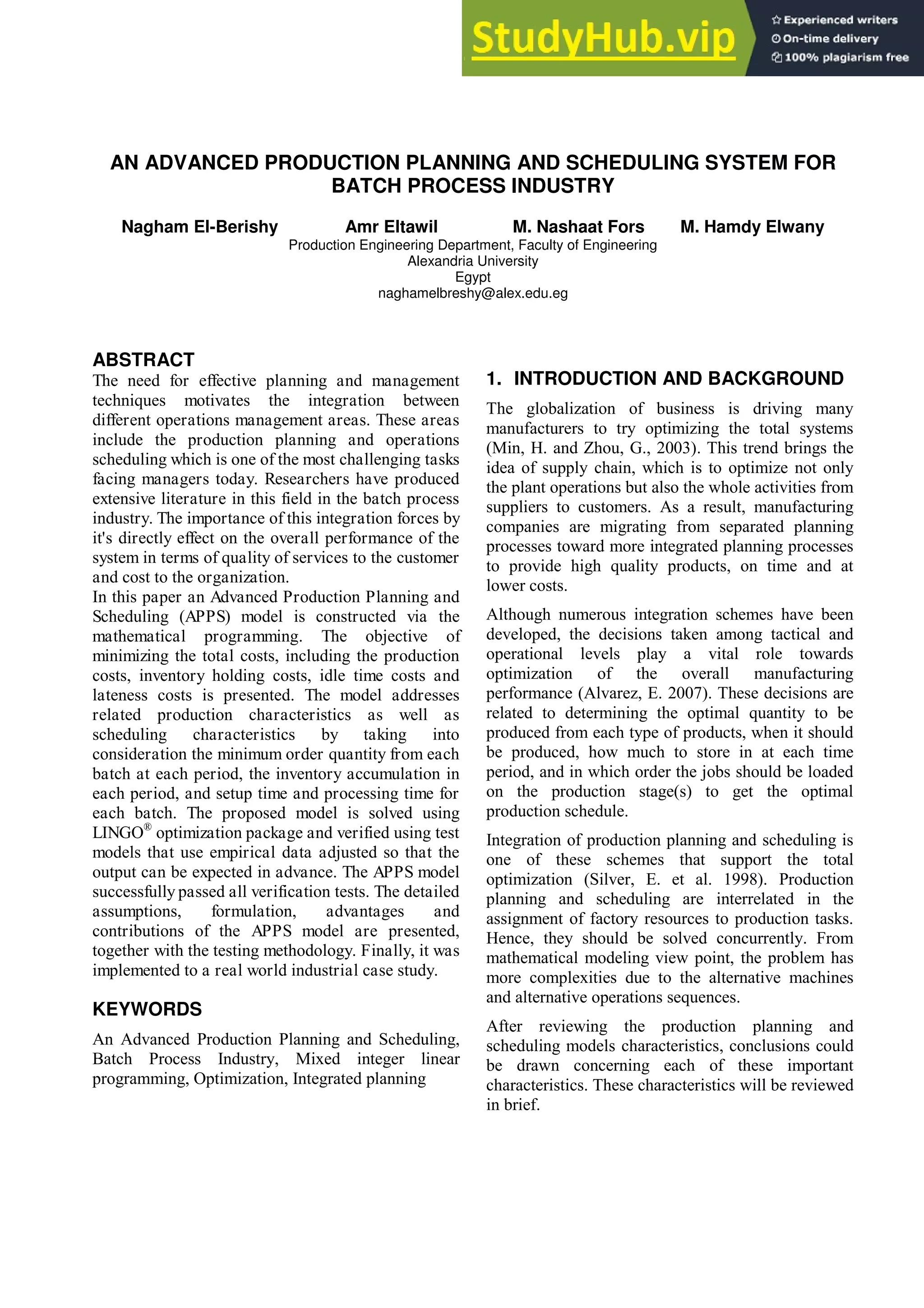 AN ADVANCED PRODUCTION PLANNING AND SCHEDULING SYSTEM FOR BATCH PROCESS INDUSTRY | PDF