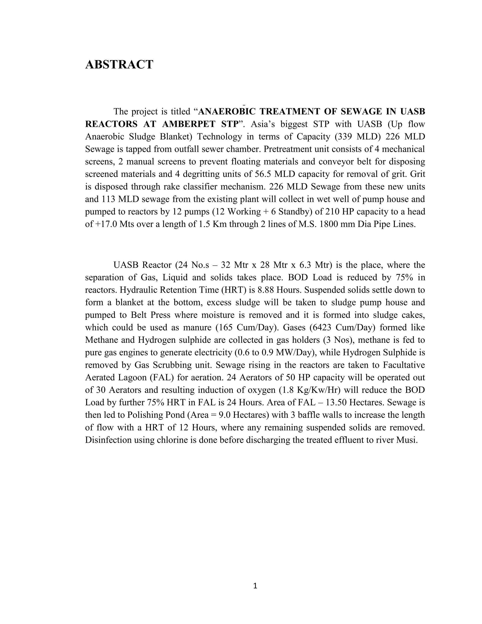 Anaerobic treatment of sewage in UASB reactors at 339MLD Amberpet STP | PDF