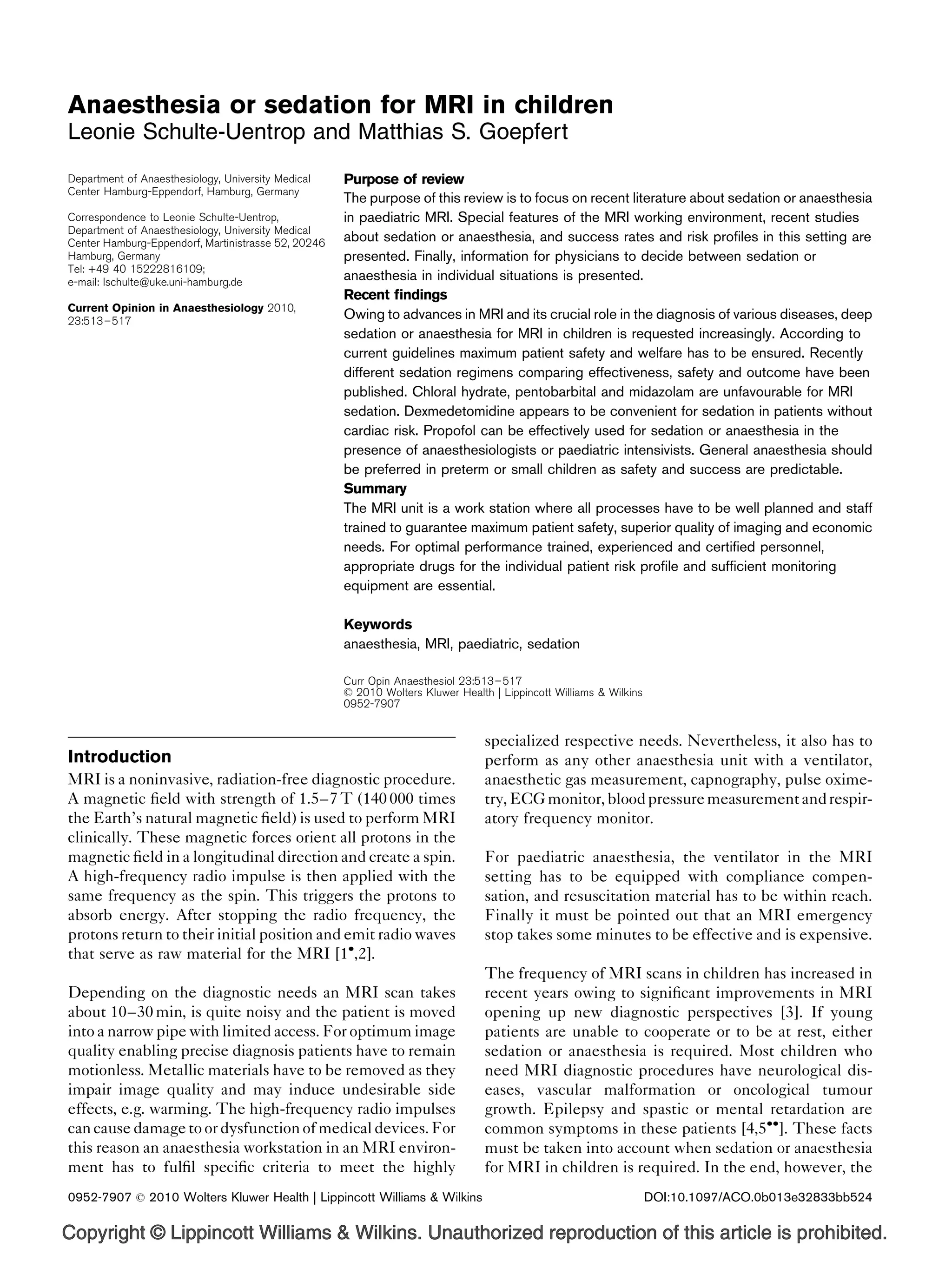 Anaesthesia or sedation for mri in children | PDF