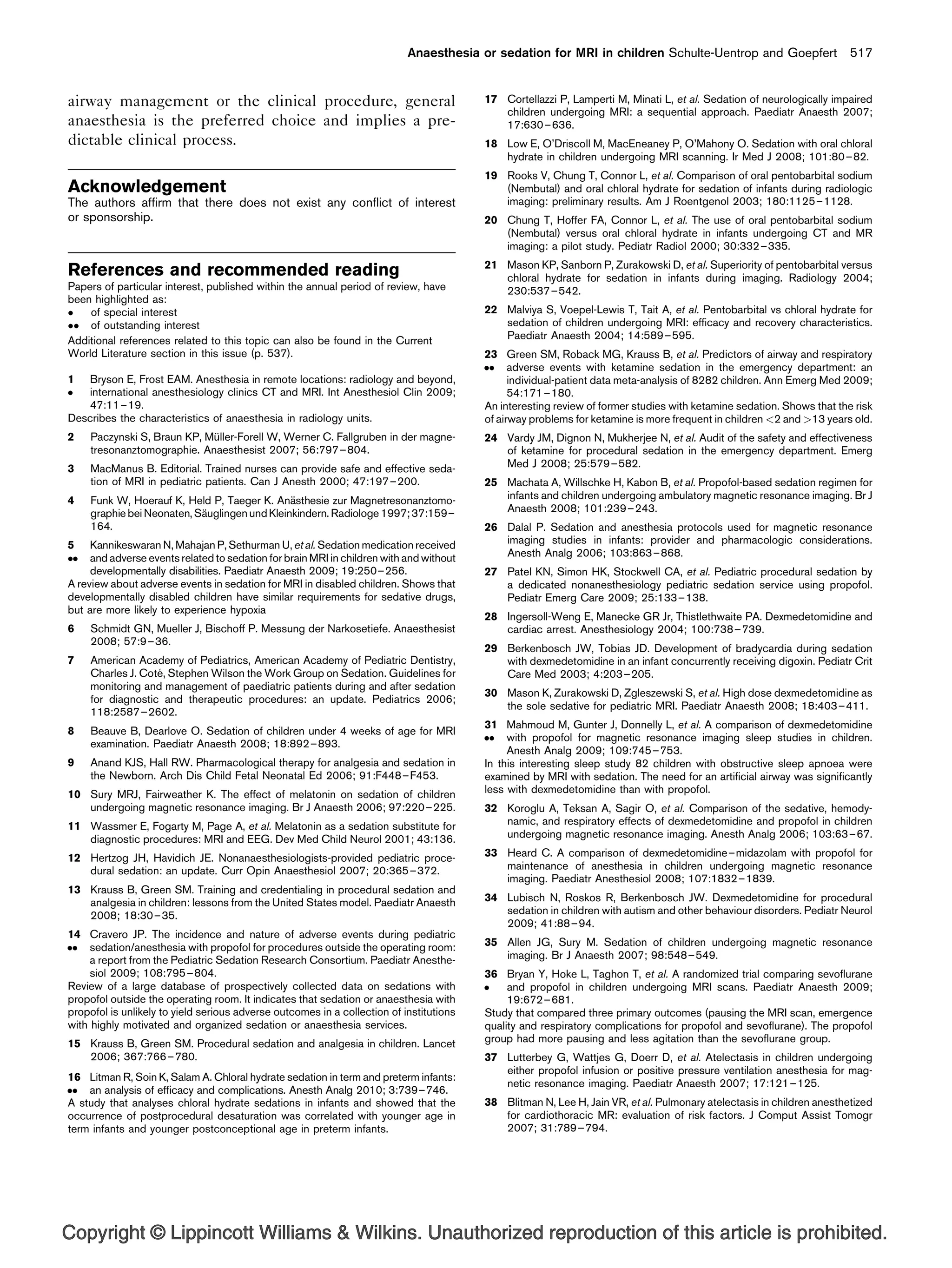 Anaesthesia or sedation for mri in children | PDF