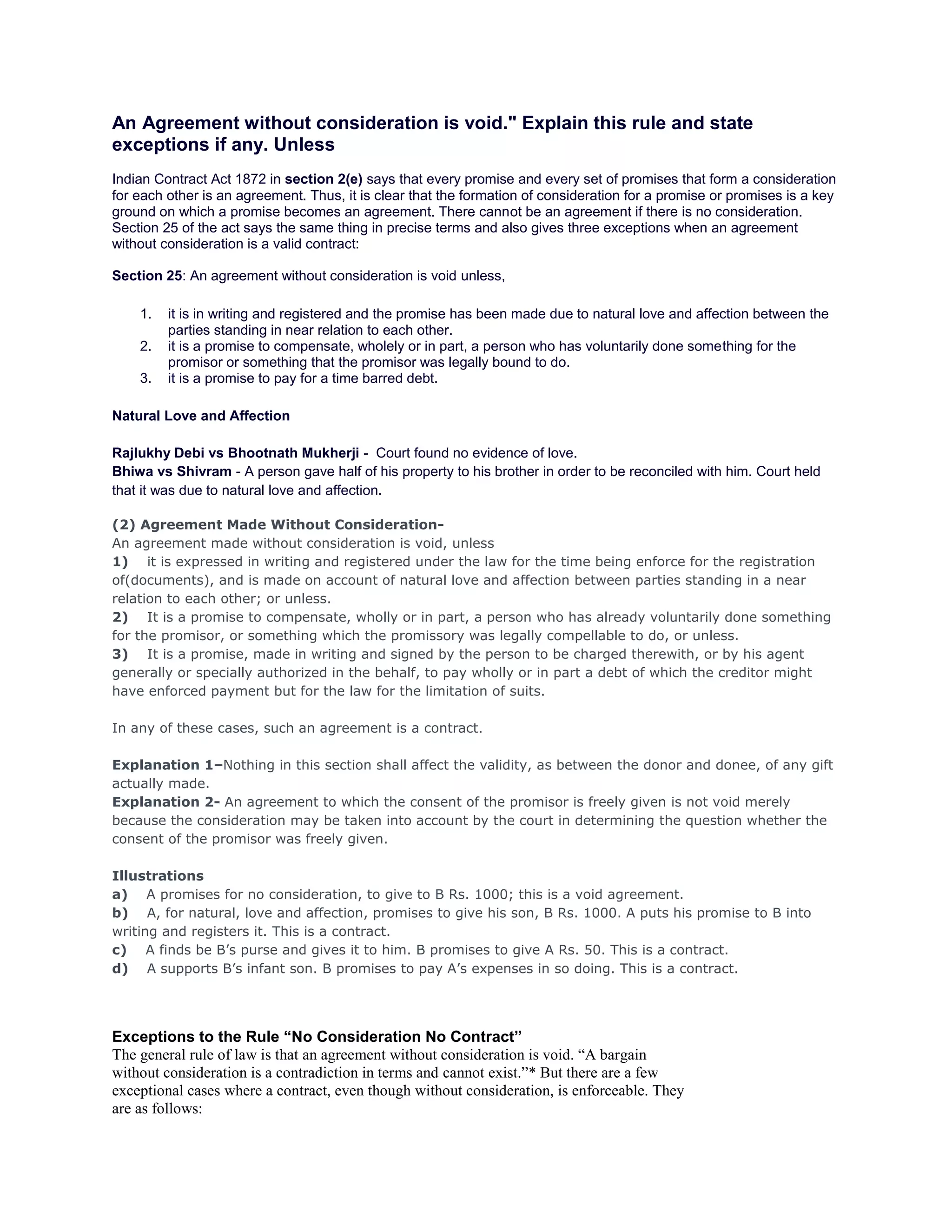 An agreement without consideration is void | DOCX