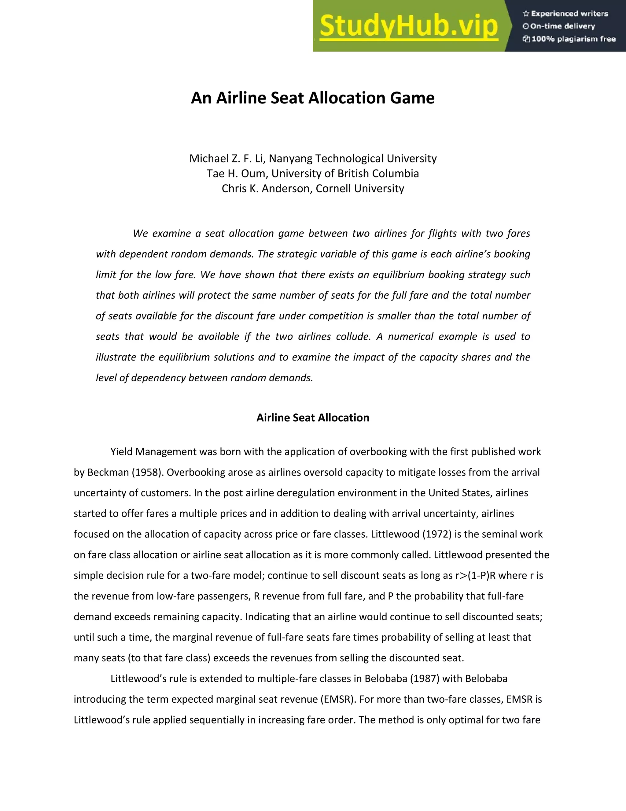 An Airline Seat Allocation Game | PDF