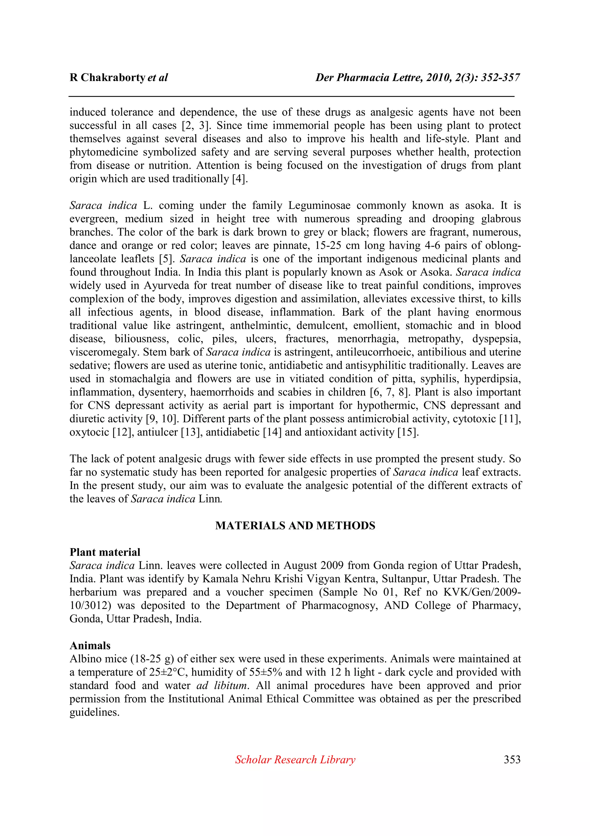 Analgesic activity of various leaf extracts of saraca indica linn. | PDF