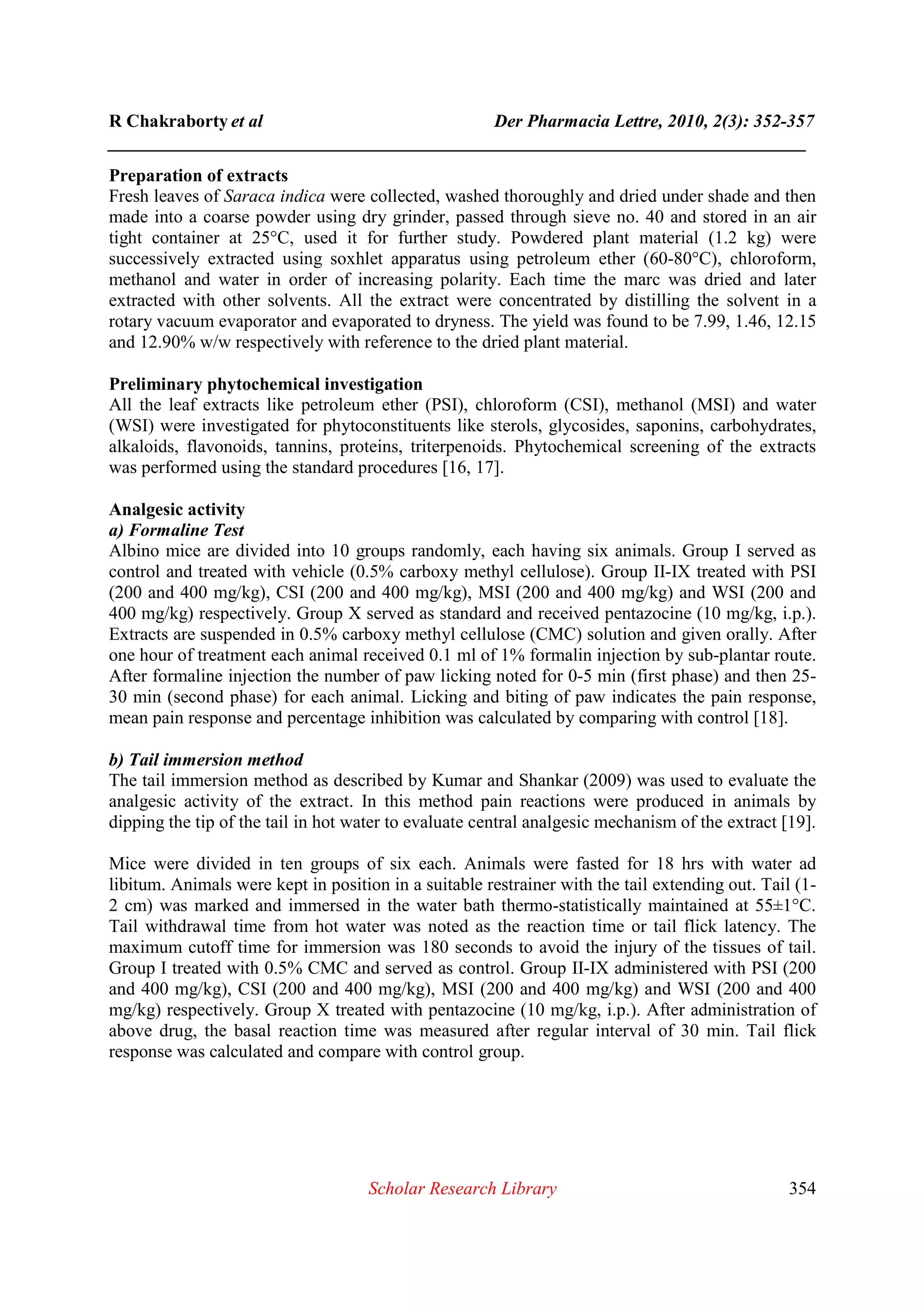 Analgesic activity of various leaf extracts of saraca indica linn. | PDF