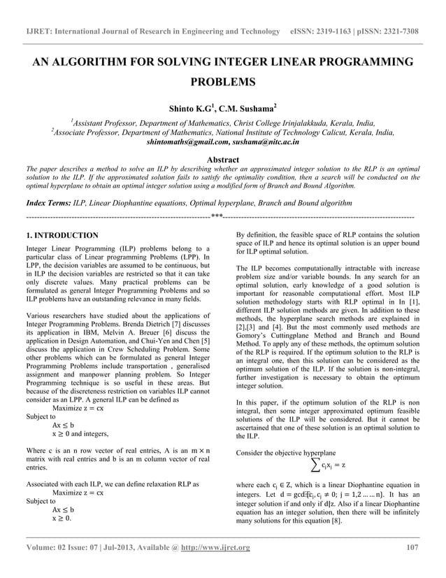 An algorithm for solving integer linear programming problems | PDF