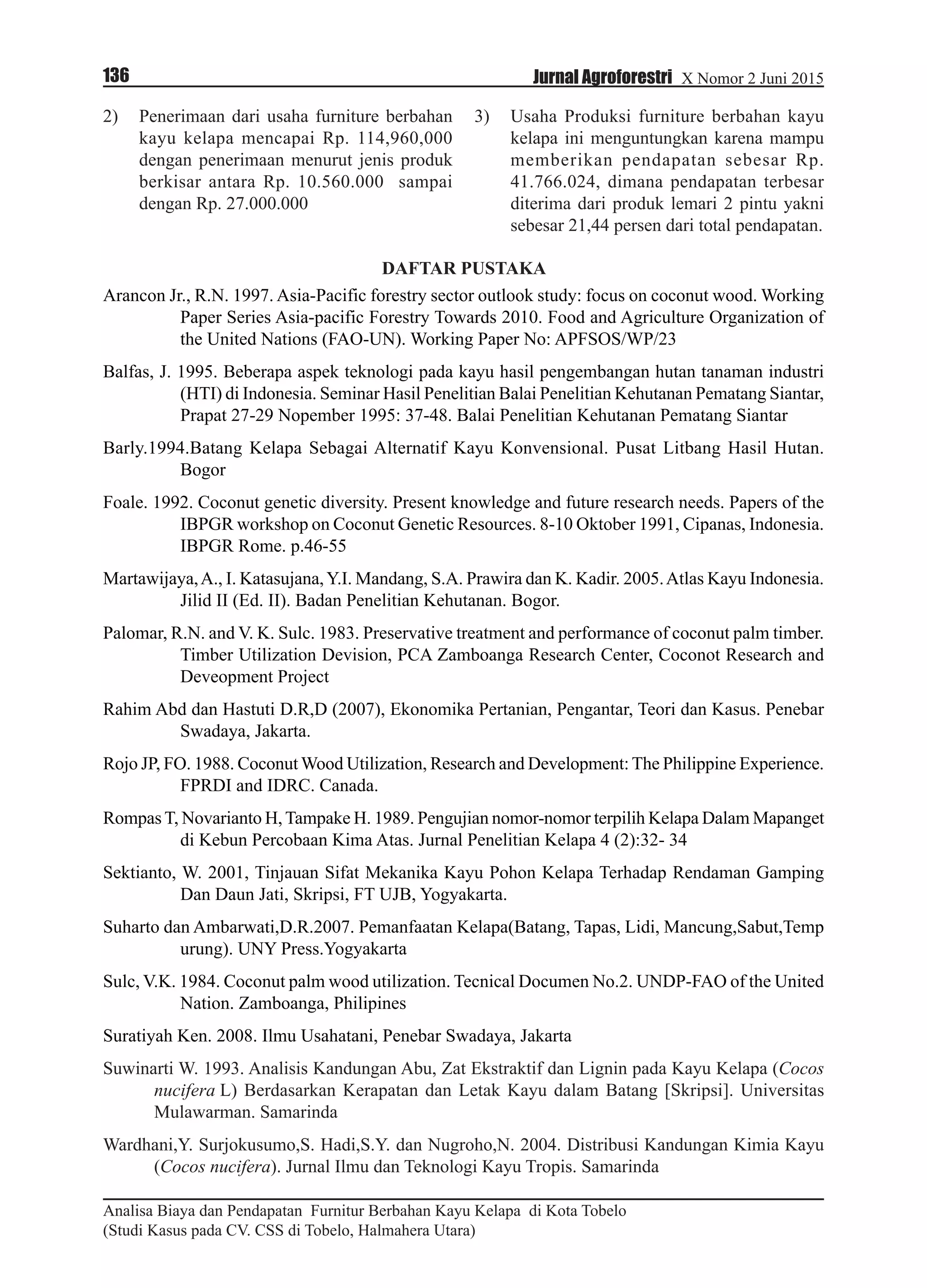 Analisa Biaya dan Pendapatan Furnitur Berbahan Kayu Kelapa di Kota Tobelo | PDF
