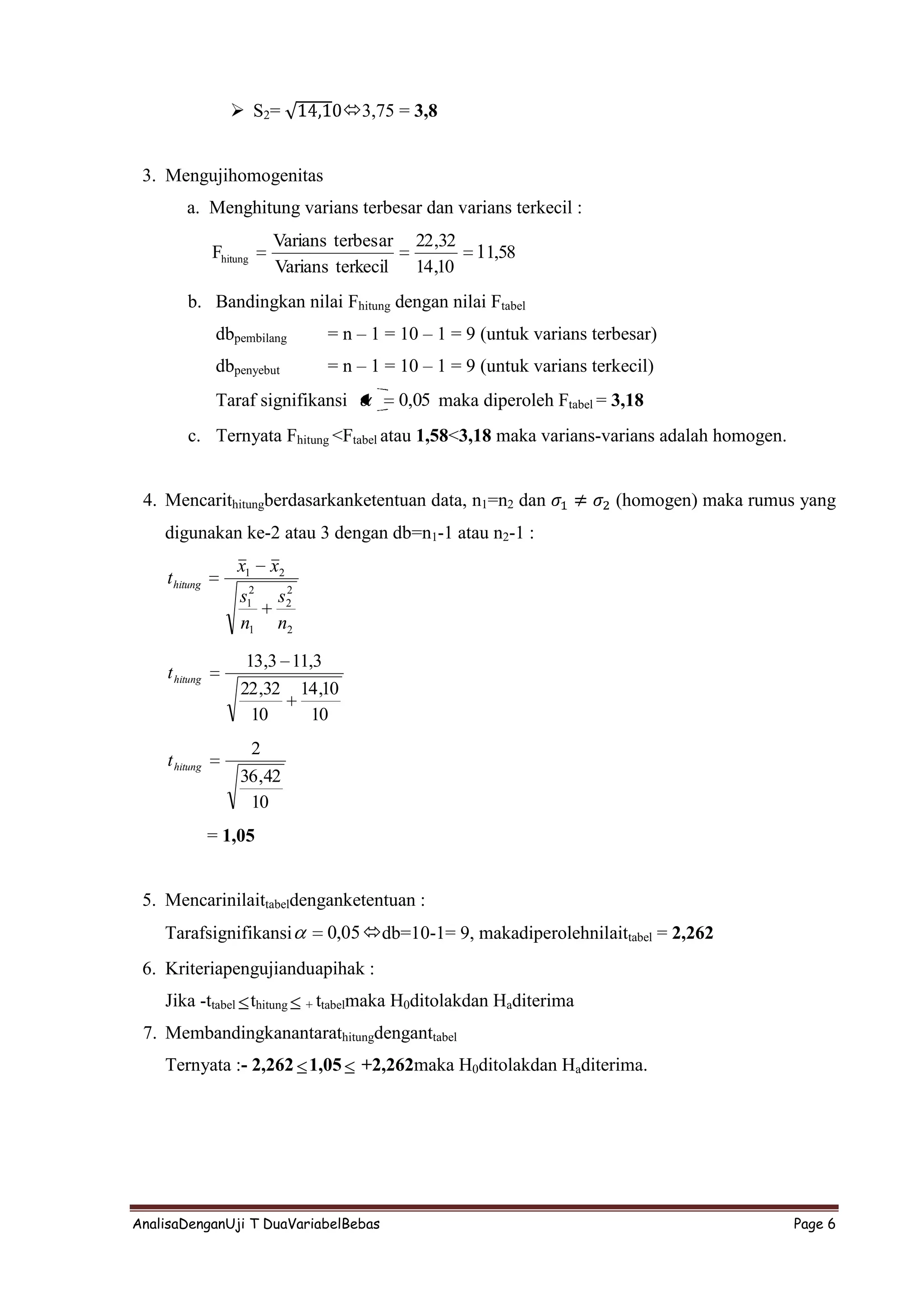 Analisa dengan uji t dua variabel bebas | PDF