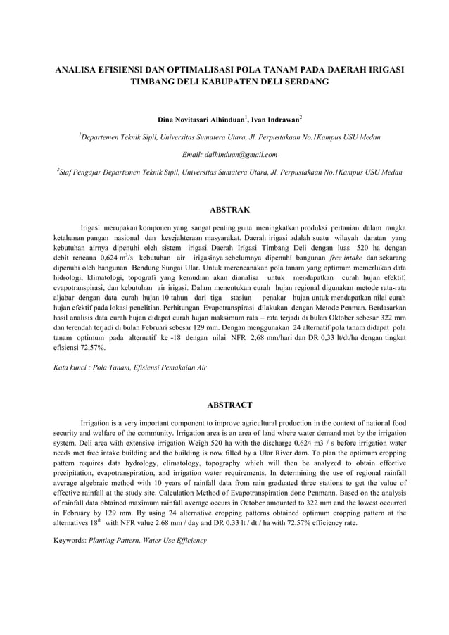 Analisa efisiensi dan optimalisasi pola tanam pada daerah irigasi | PDF