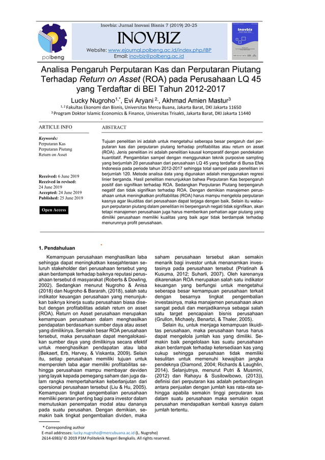Analisa Pengaruh Perputaran Kas dan Perputaran Piutang Terhadap Return ...