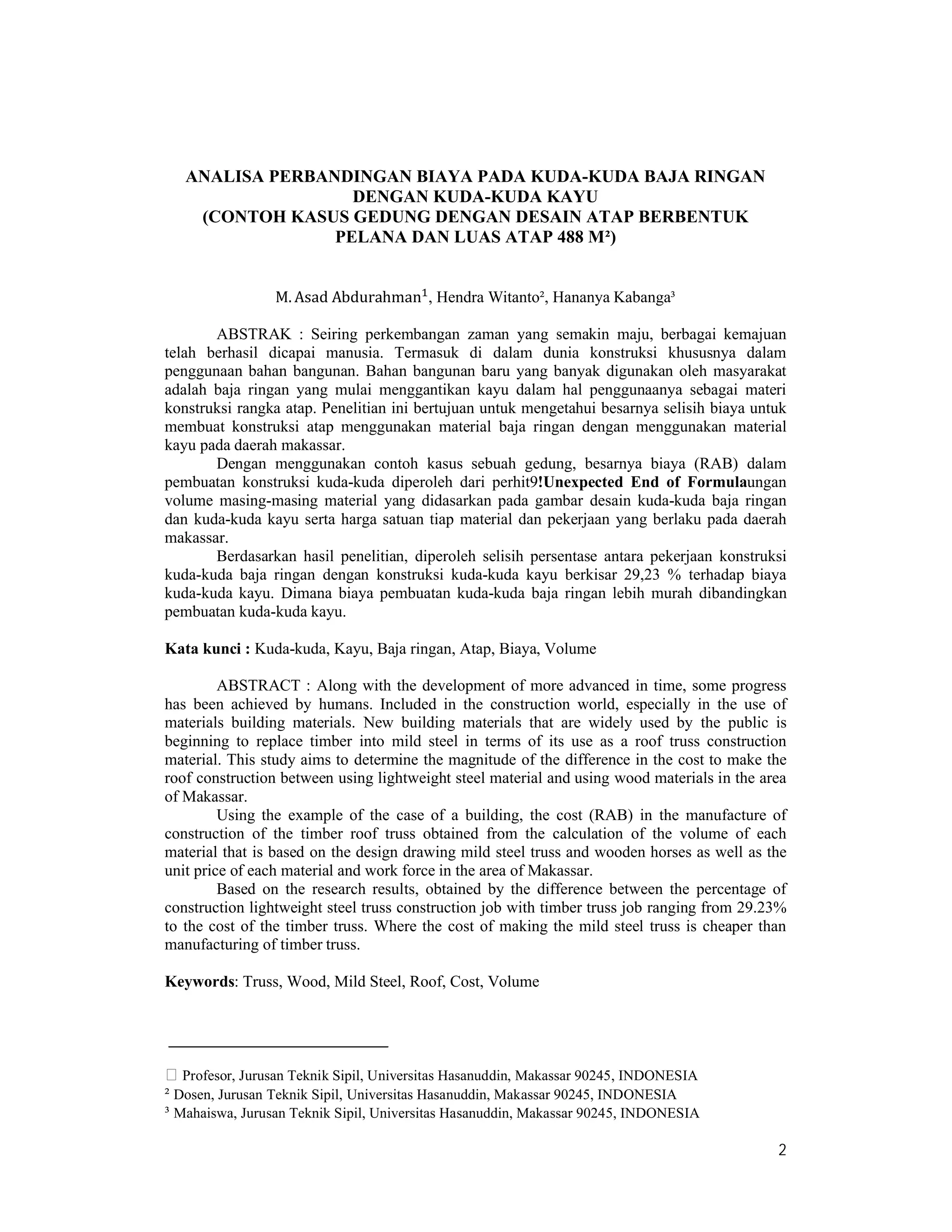 Analisa perbandingan biaya pada kuda baja ringan dengan kuda kuda kayu | PDF