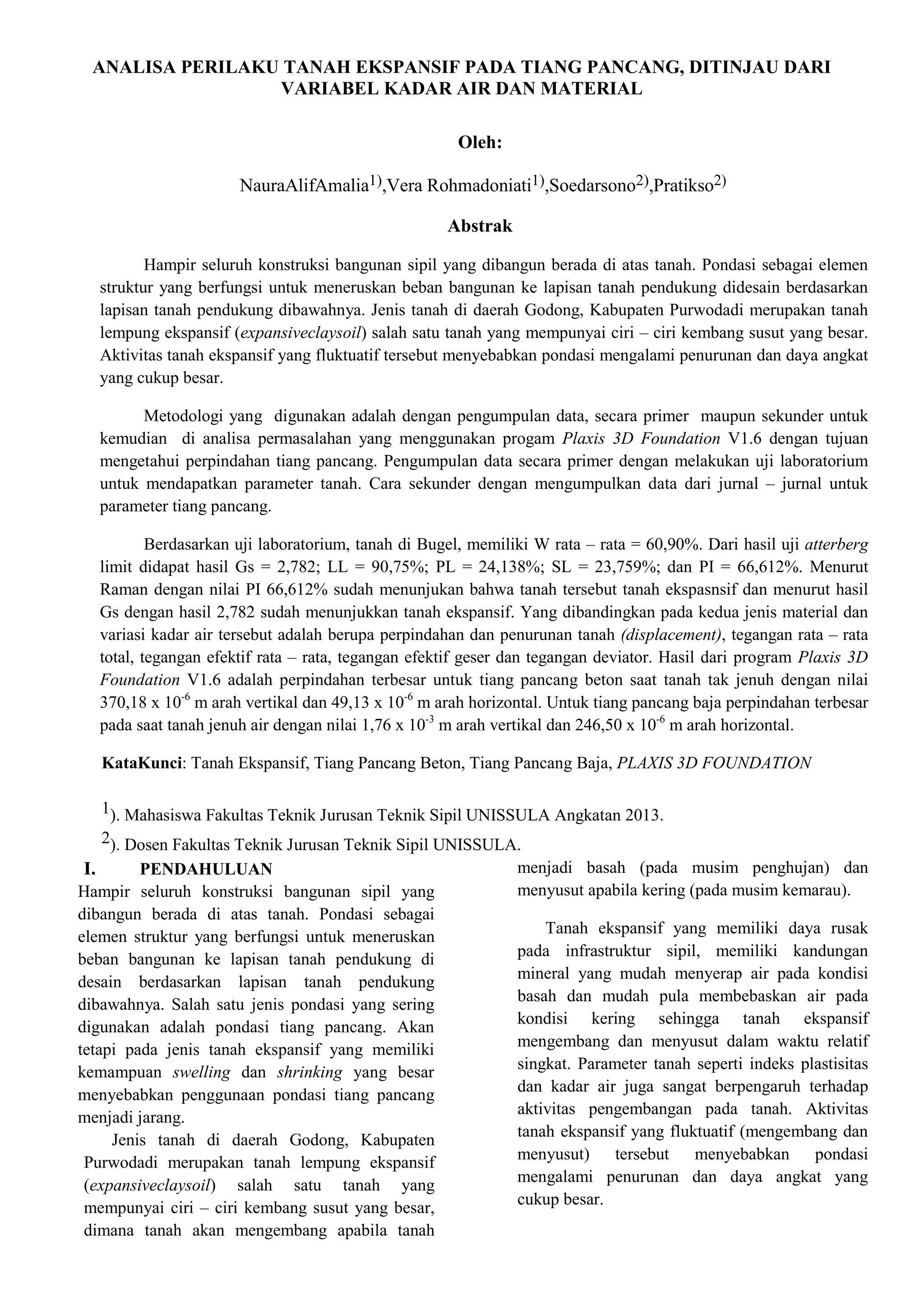 Analisa perilaku tanah ekspansif pada tiang pancang, ditinjau dari variabel kadar air, material ...