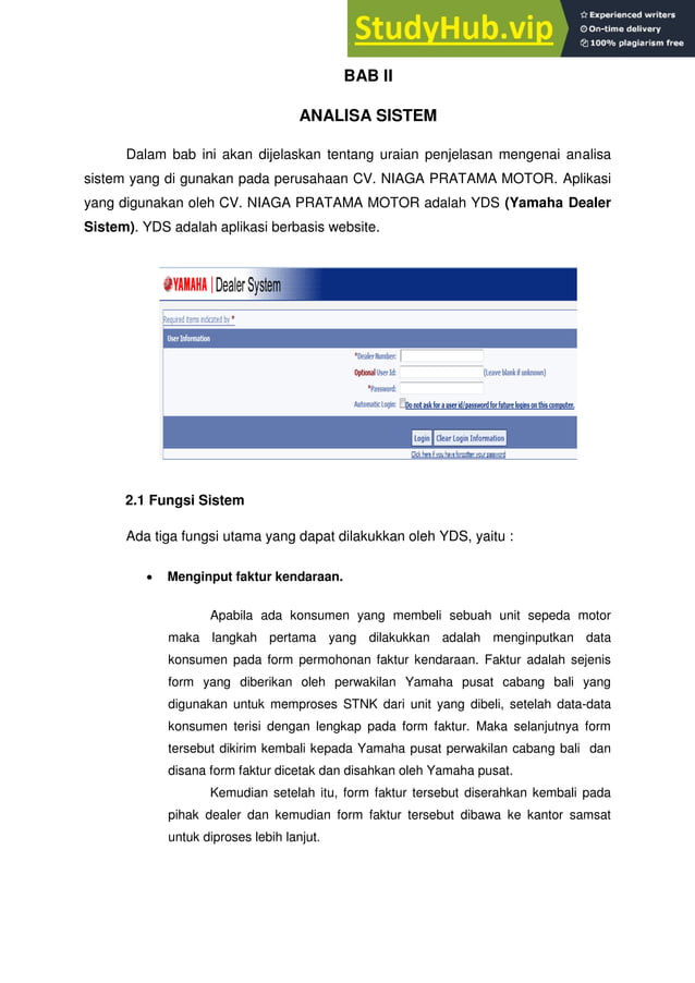 Analisa Sistem Informasi Yamaha Dealer Service (YDS) Pada CV. Niaga Pratama Motor | PDF
