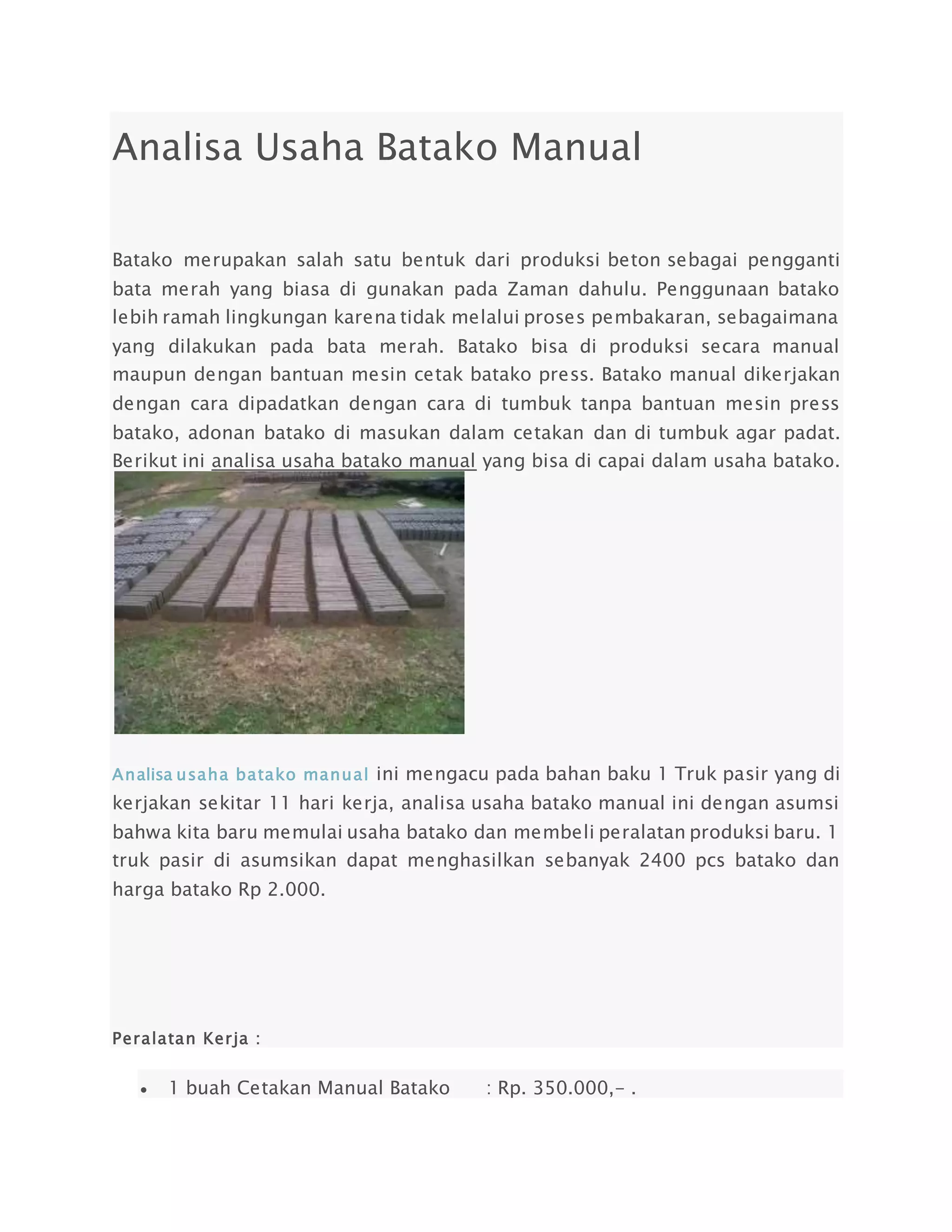 Analisa kelayakan bisnis usaha batako manual | DOCX