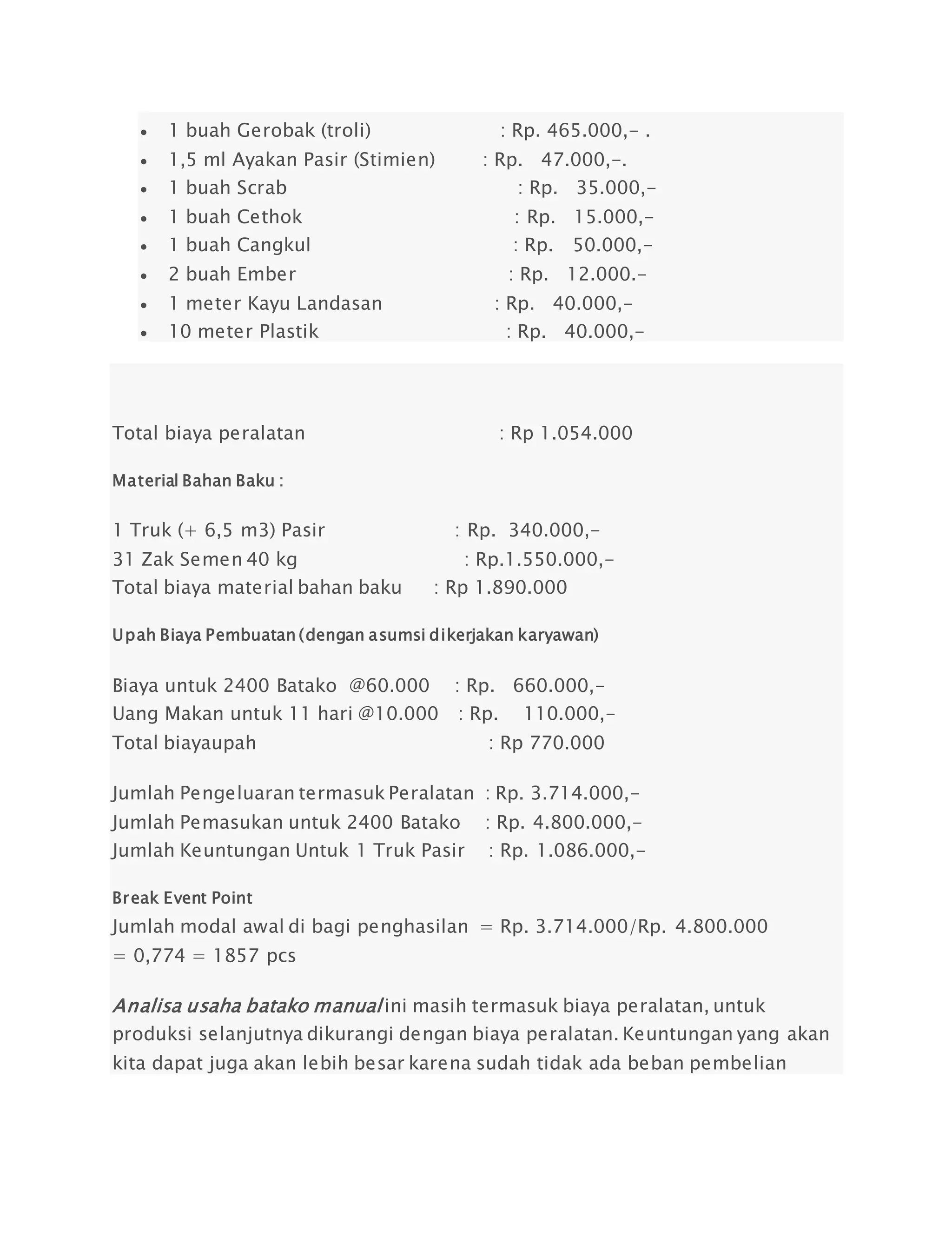 Analisa kelayakan bisnis usaha batako manual | DOCX