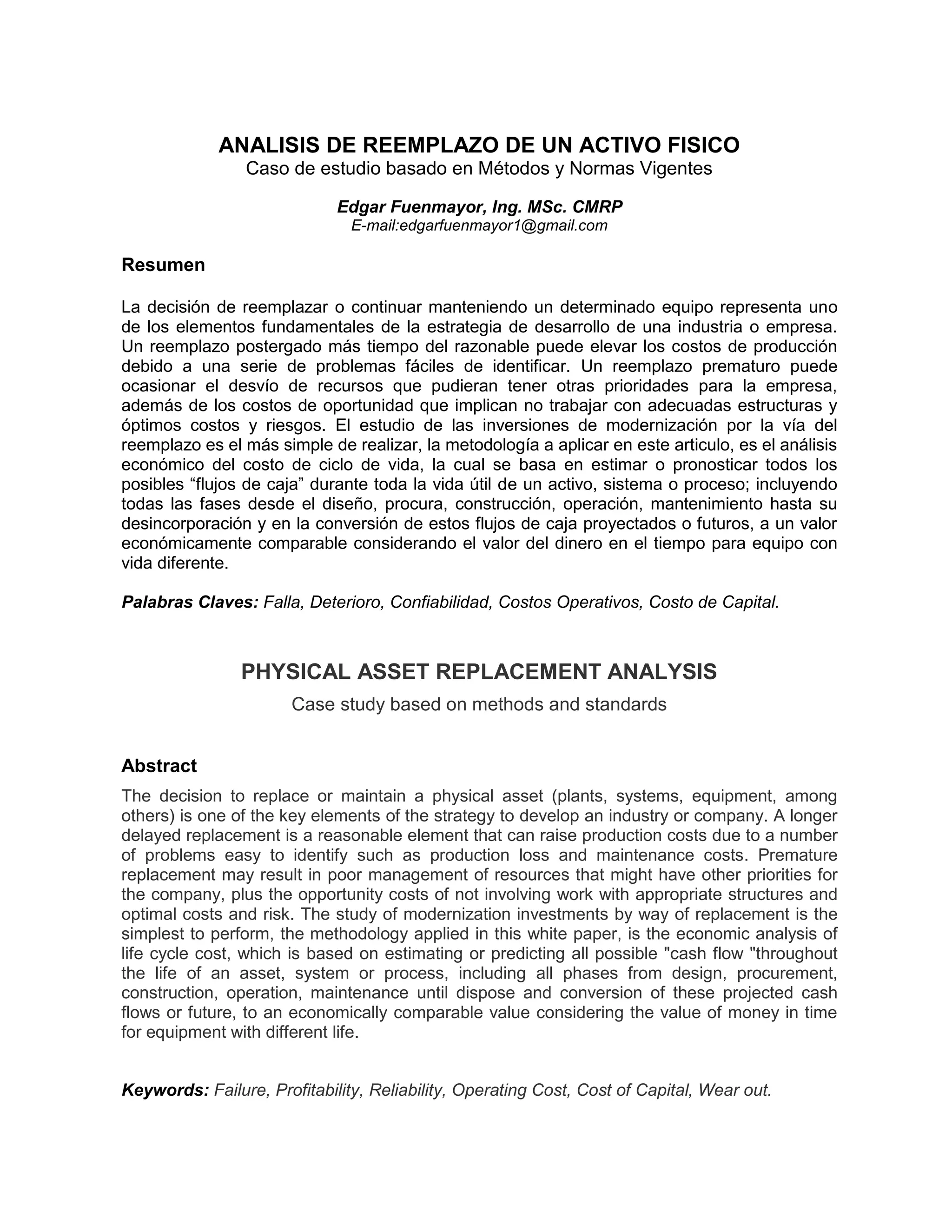 Analisis de Reemplazo de un Activo Fisico | PDF