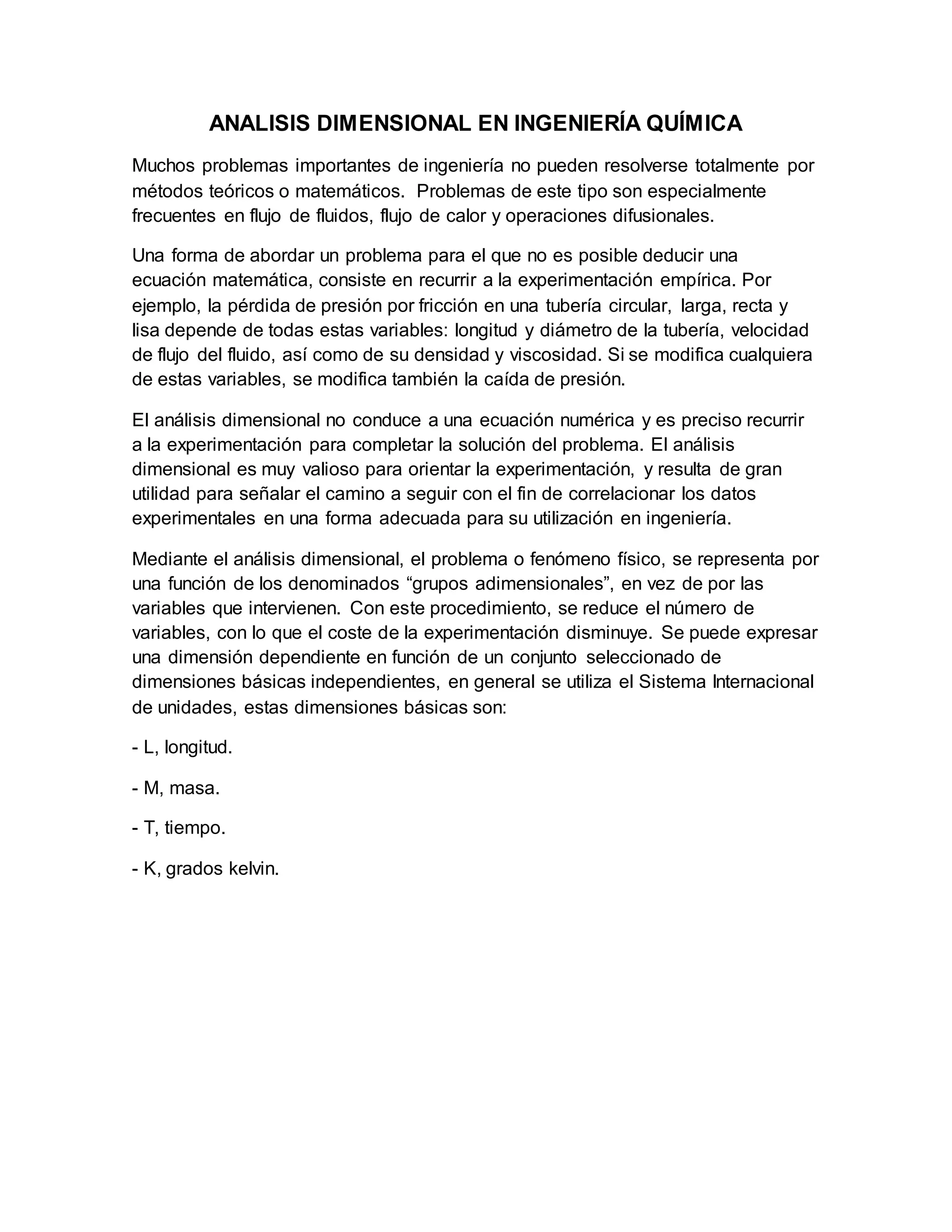 Analisis dimensional en ingeniería química | DOCX