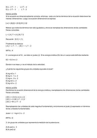 Analisis dimensional - solucionario de ejercicios | DOCX