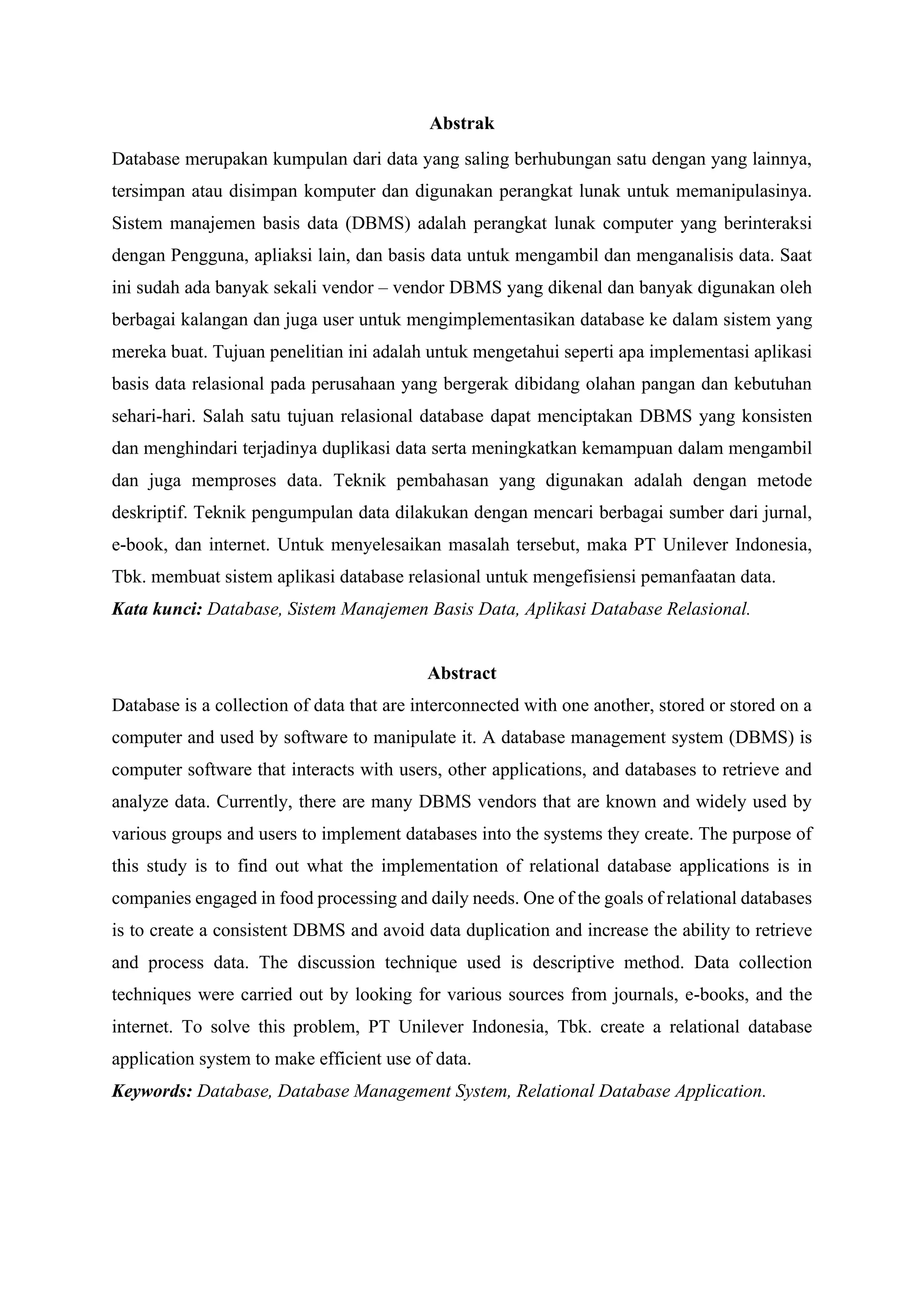 Analisis Implementasi Aplikasi Konsep Aasis Data Relasional PT Unilever ...