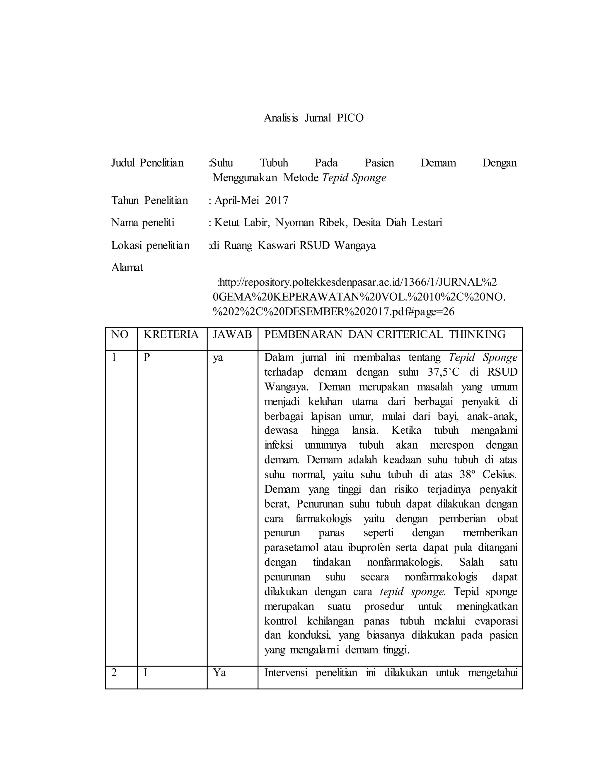 Analisis jurnal pico Suhu Tubuh Pada Pasien Demam Dengan Menggunakan ...