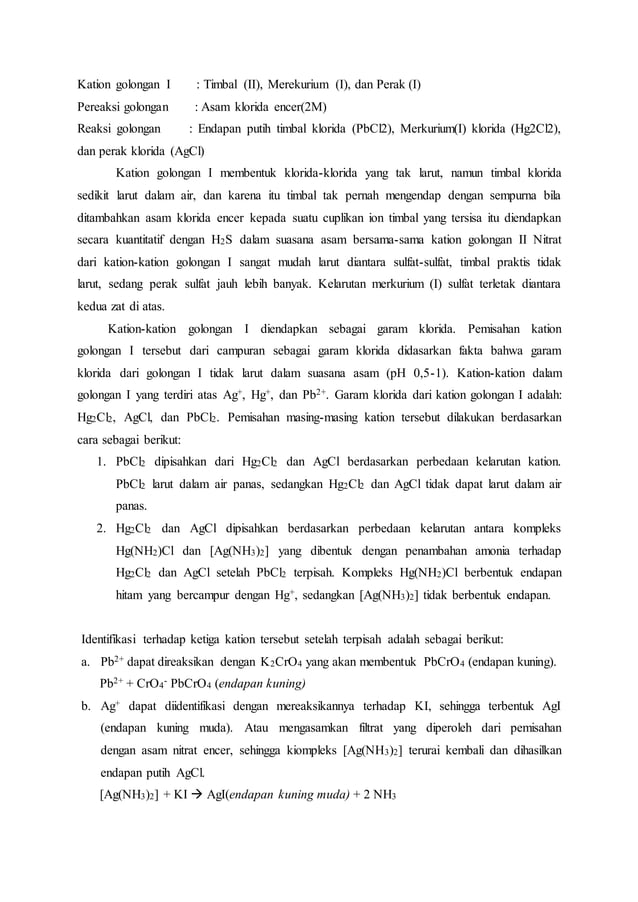 Analisis Kation Golongan I, II, III, IV dan V | DOCX