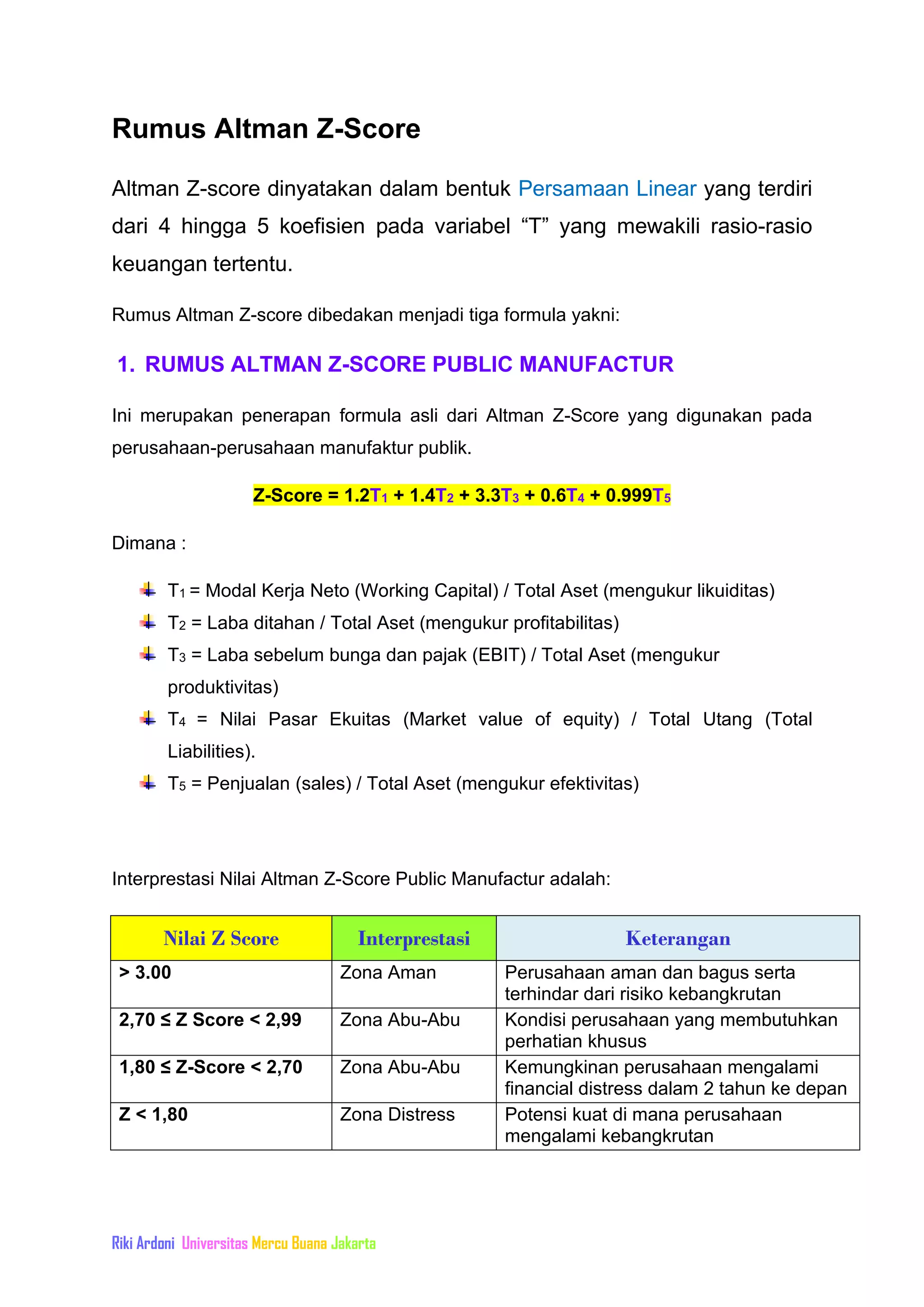 Analisis Kebangkrutan (Financial Distress) dengan Altman Z-Score - RIKI ARDONI | PDF
