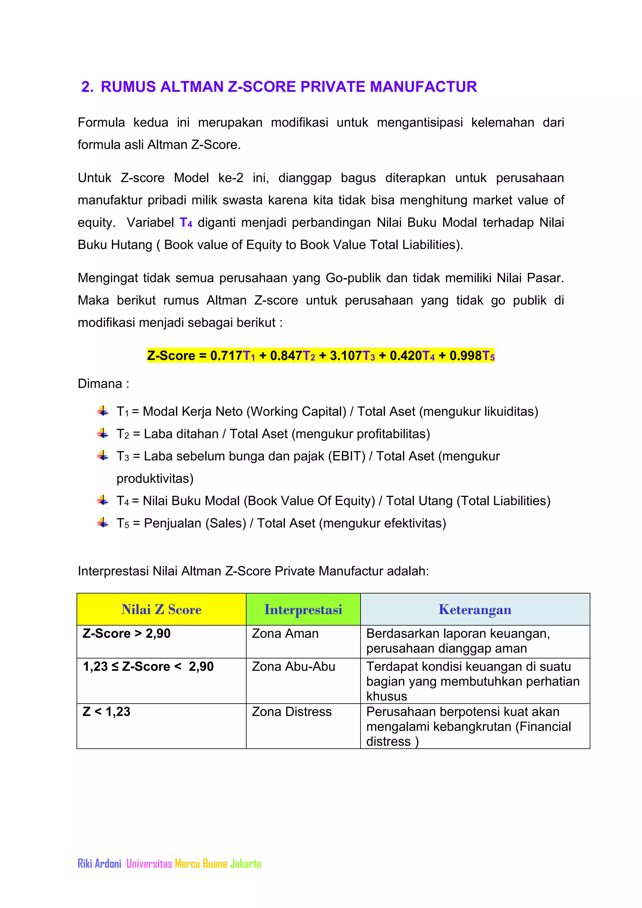 Analisis Kebangkrutan (Financial Distress) dengan Altman Z-Score - RIKI ARDONI | PDF