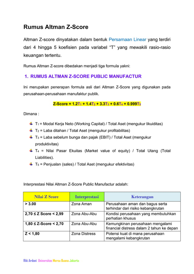 Analisis Kebangkrutan (Financial Distress) dengan Altman Z-Score - RIKI ARDONI | PDF