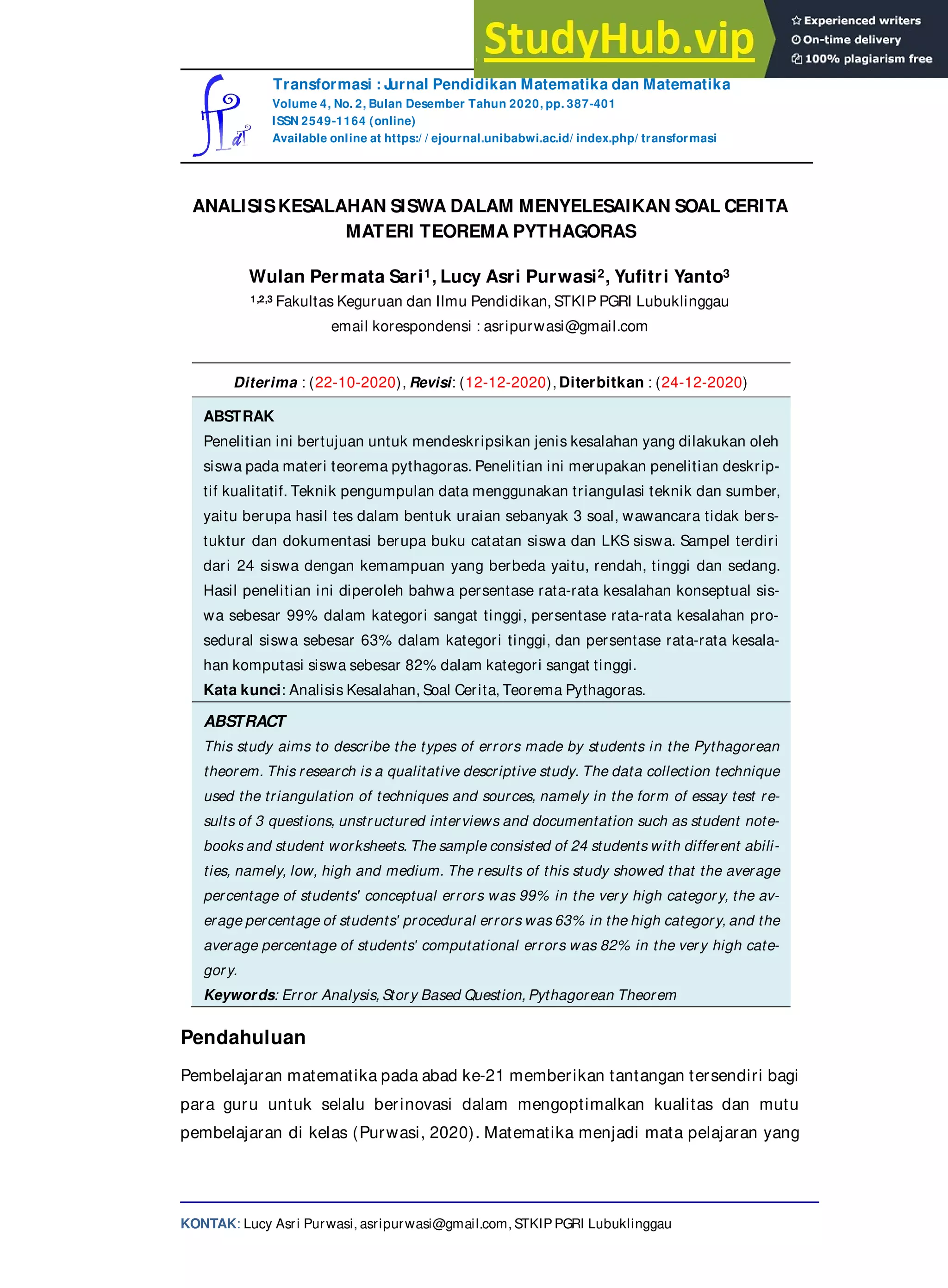 Analisis Kesalahan Siswa Dalam Menyelesaikan Soal Cerita Materi Teorema ...