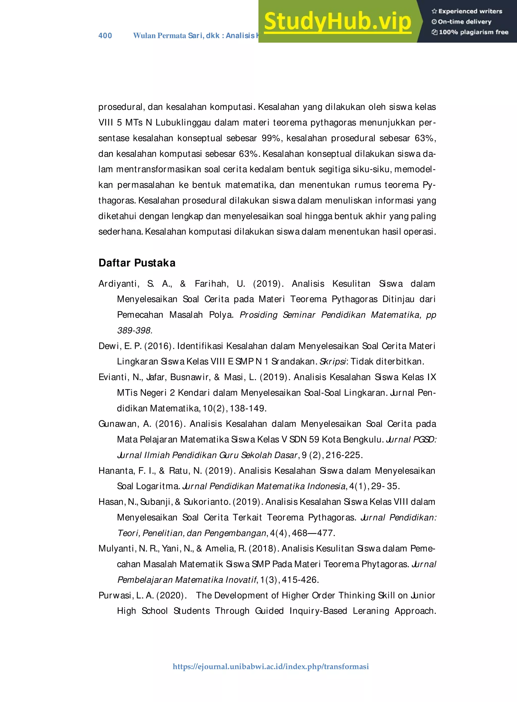 Analisis Kesalahan Siswa Dalam Menyelesaikan Soal Cerita Materi Teorema ...