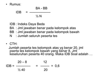 Analisis kesukaran dan daya beda soal dan distraktor | PPTX