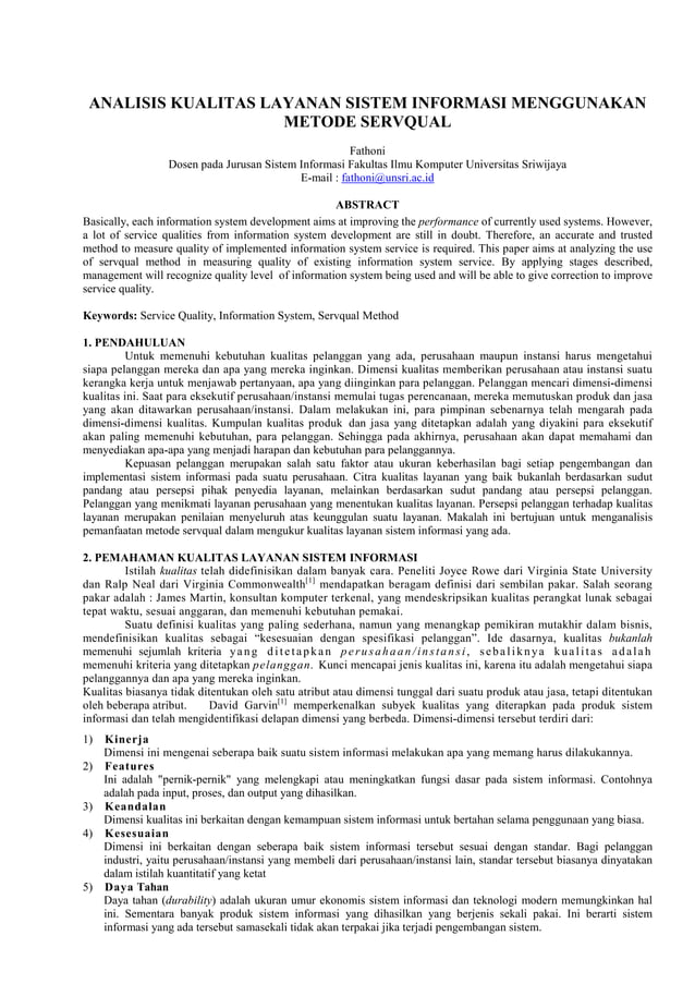 Analisis kualitas layanan sistem informasi menggunakan metode servqual | PDF