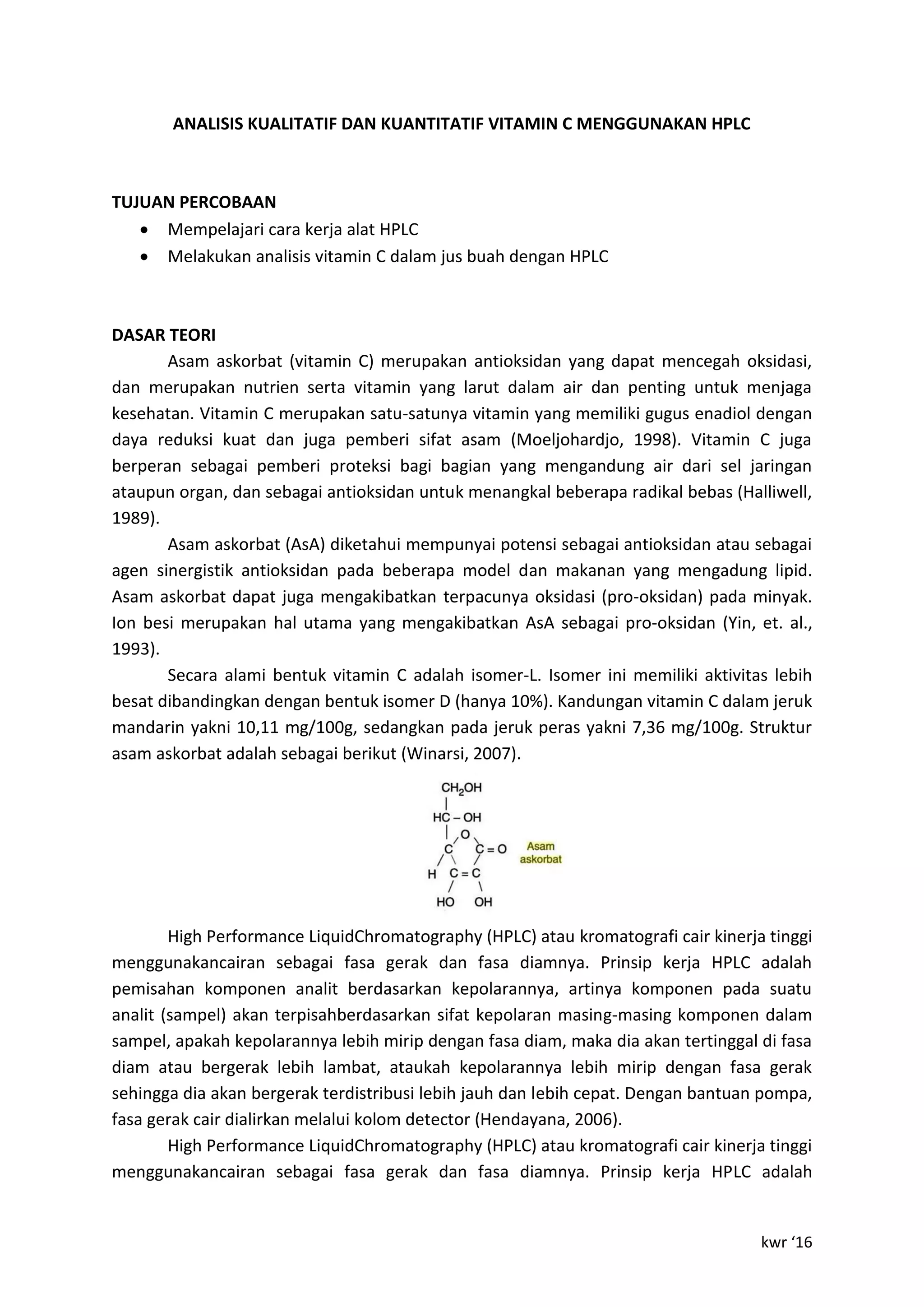 Analisis kualitatif dan kuantitatif vitamin c menggunakan hplc | PDF