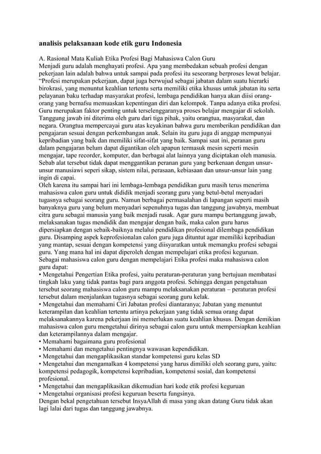 Analisis pelaksanaan kode etik guru indonesia | DOCX