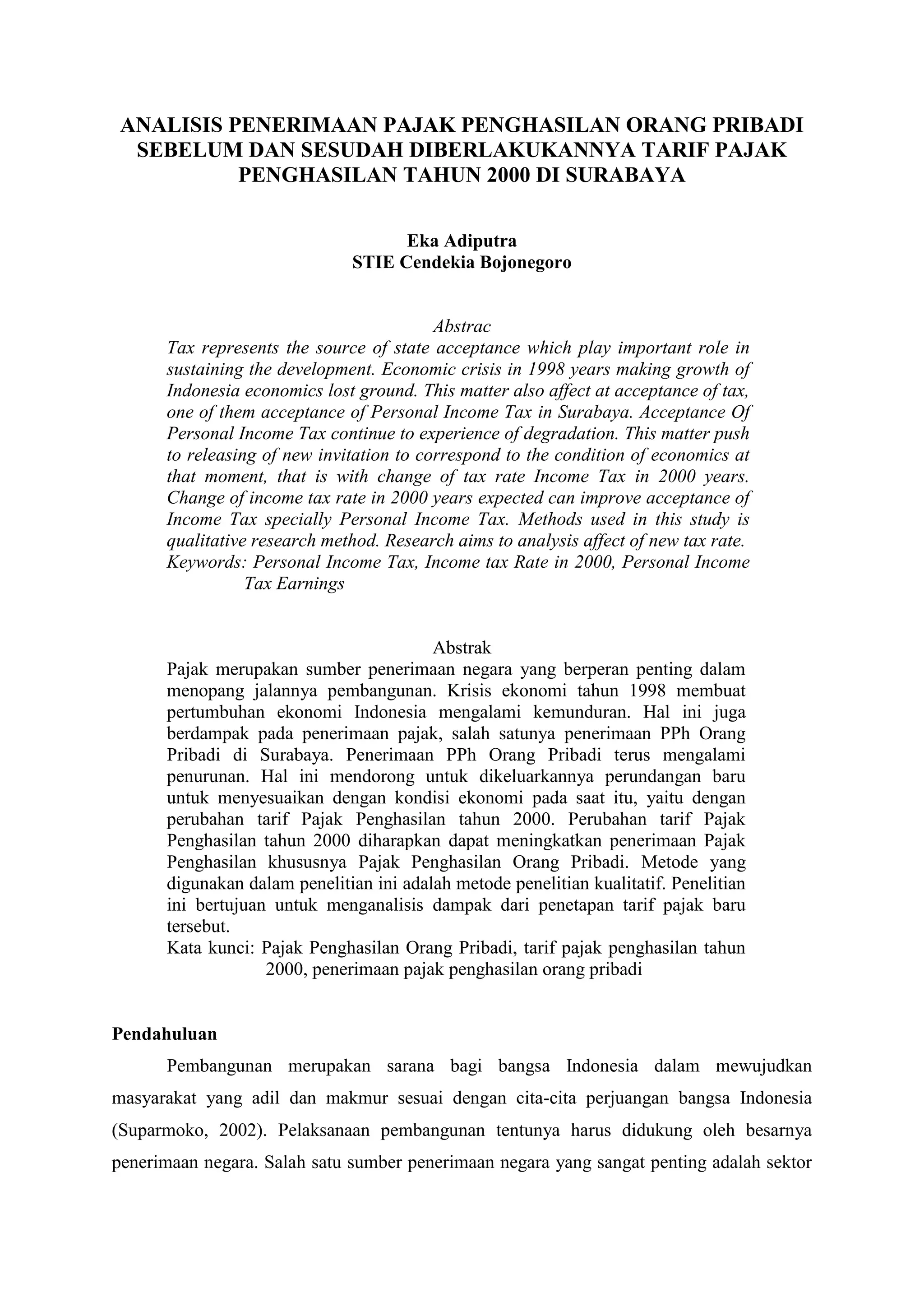 Analisis penerimaan p ph orang pribadi sebelum dan setelah reformasi perpajakan tahun 2000 | PDF