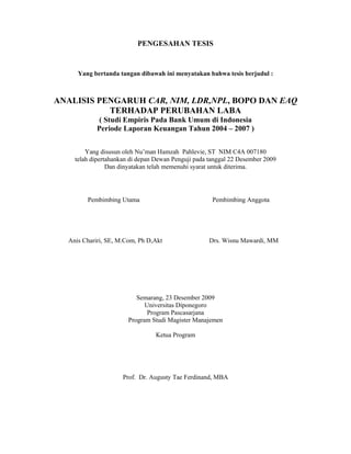 Analisis pengaruh car, nim, ldr,npl, bopo dan eaq terhadap perubahan laba | PDF