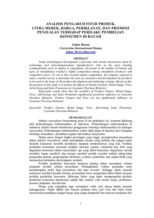 AnalisisPengaruh Fitur Produk , Citra Merek, Harga ,Periklanan,dan Promosi Penjualan, Terhadap ...