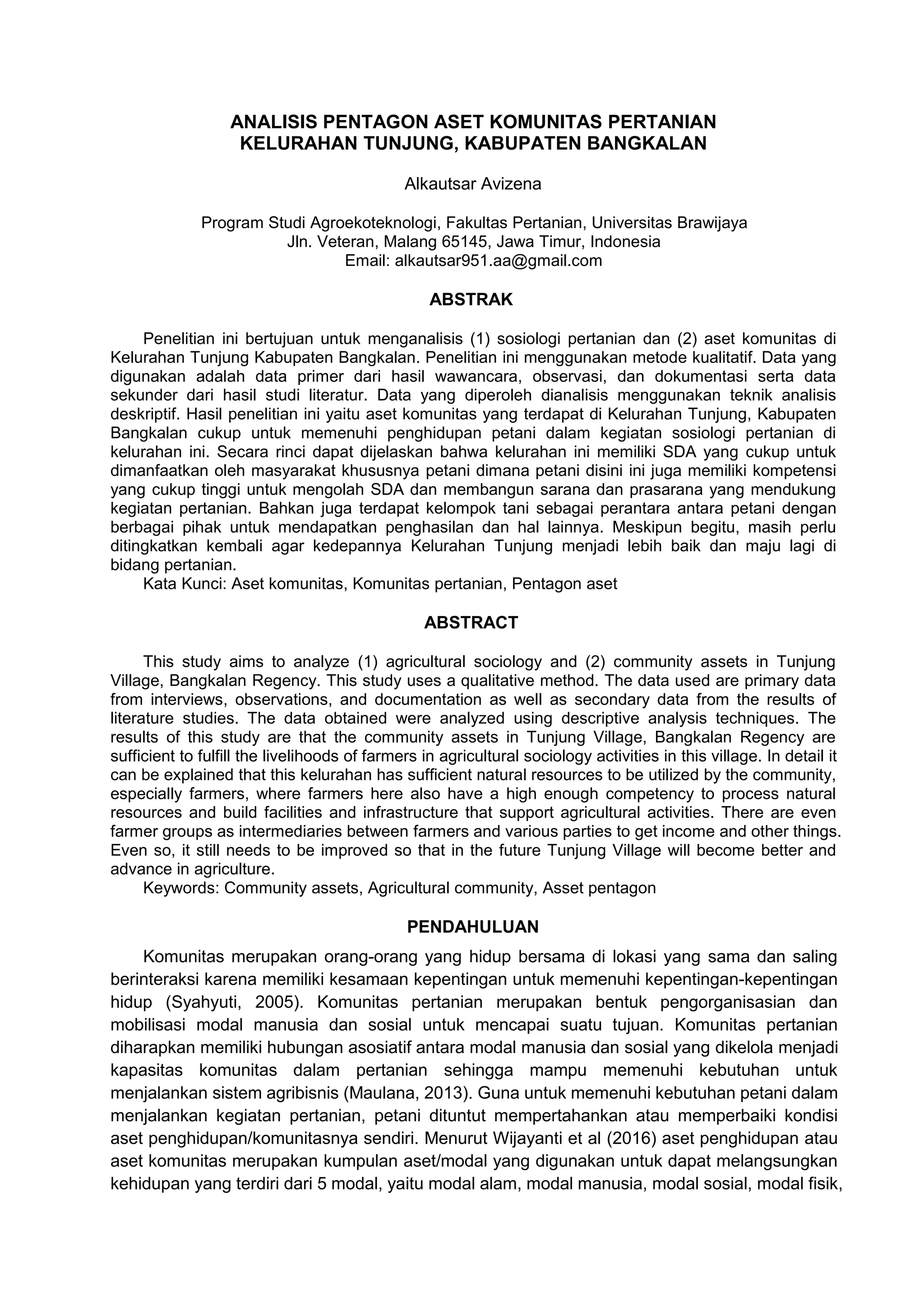 Analisis Pentagon Aset Komunitas Pertanian Kelurahan Tunjung, Kabupaten ...
