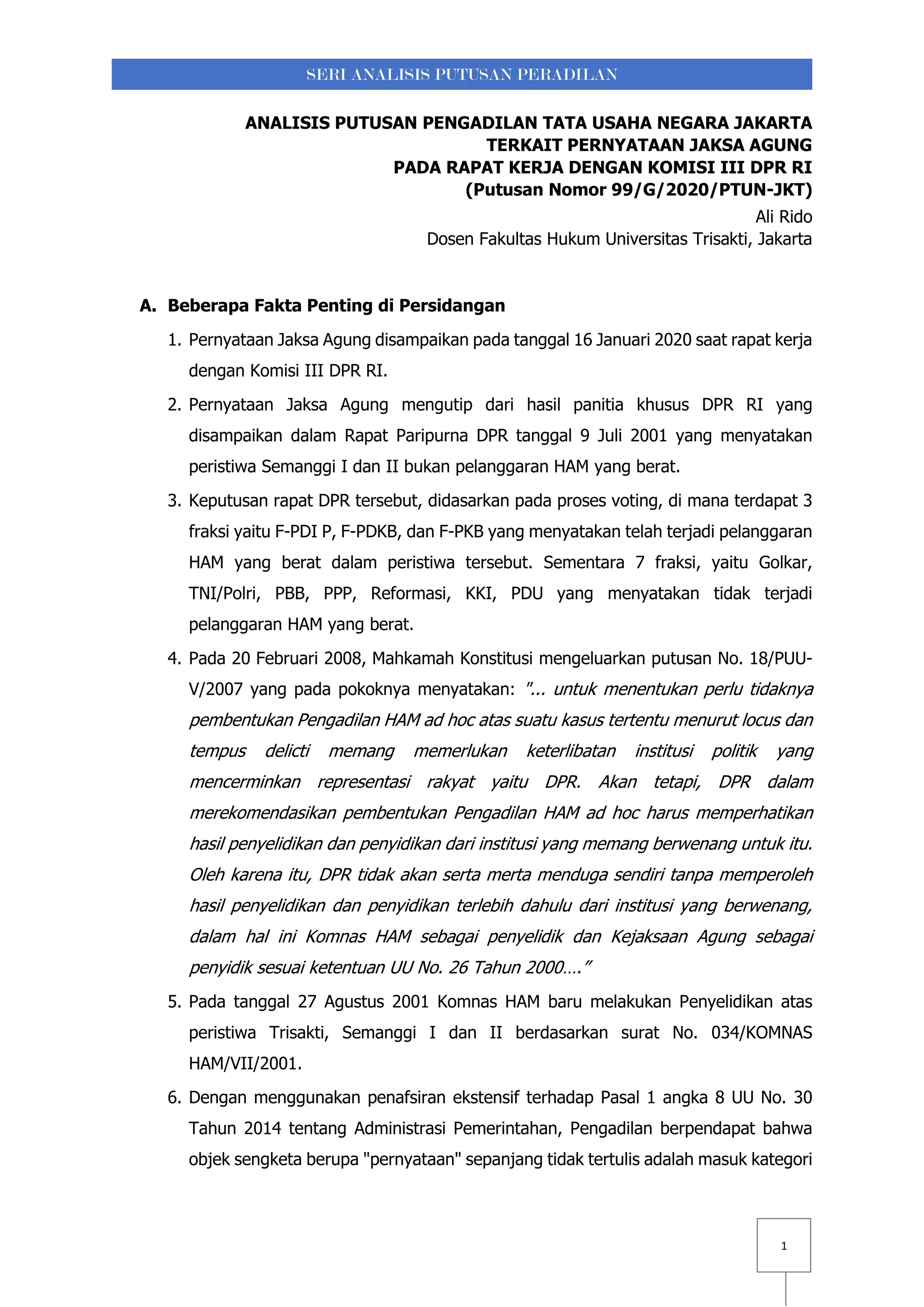 Analisis Putusan PTUN Jakarta Terkait Pernyataan Jaksa Agung | PDF