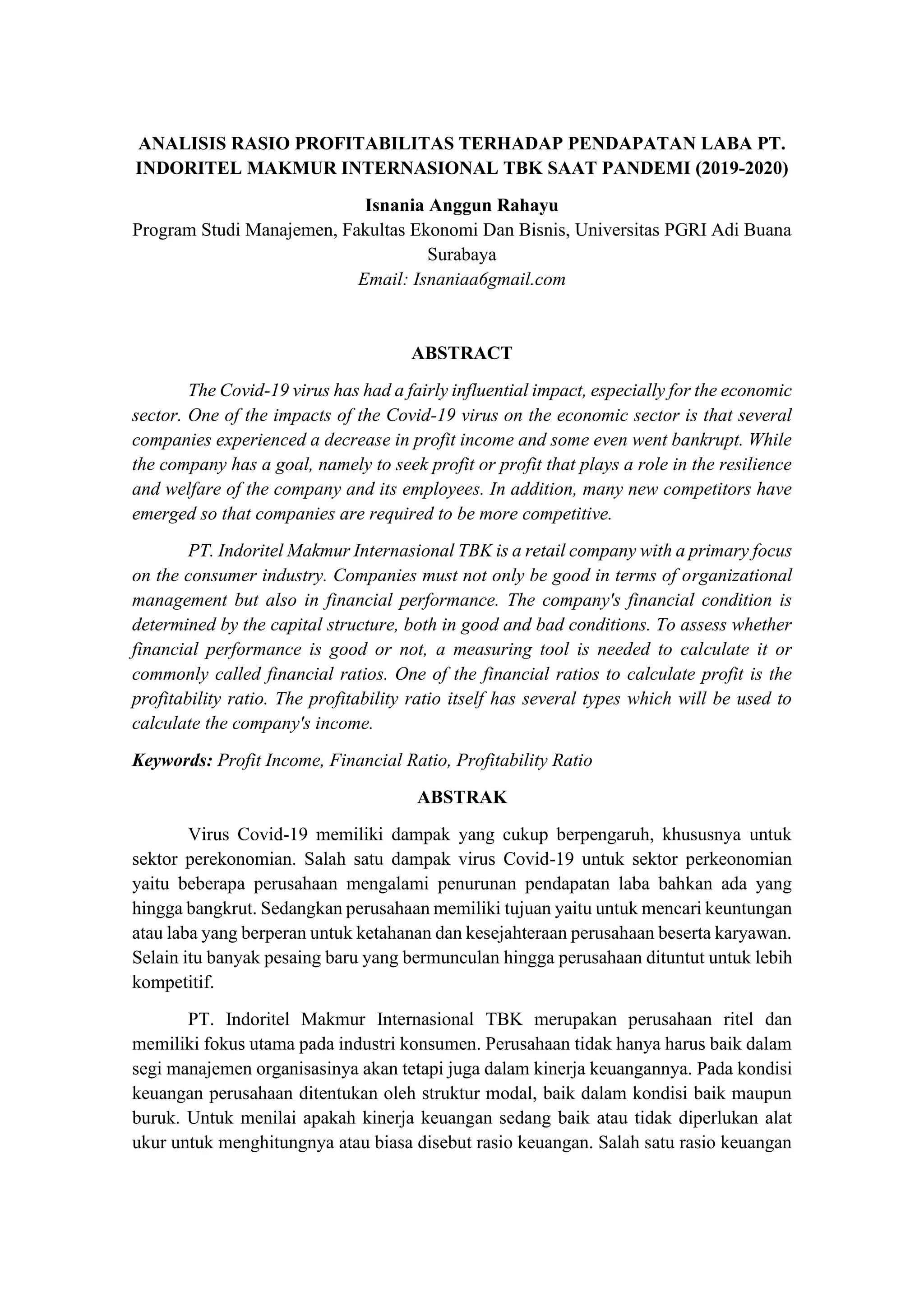 Analisis rasio profitabilitas terhadap pendapatan laba pt. indoritel makmur internasional tbk ...