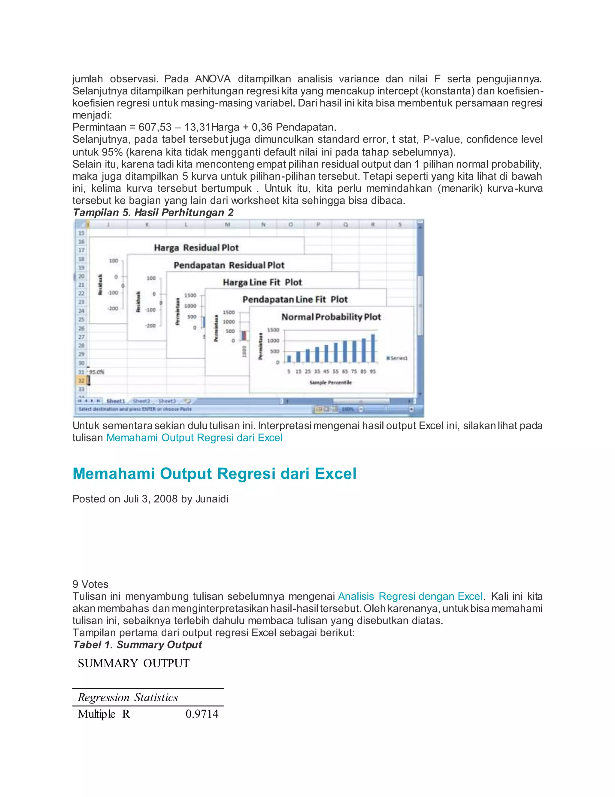 Analisis regresi dengan exel dan cara membacanya | DOCX