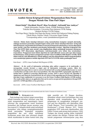 Analisis sistem kriptografi dalam mengamankan data pesan dengan metode one time pad chiper | PDF