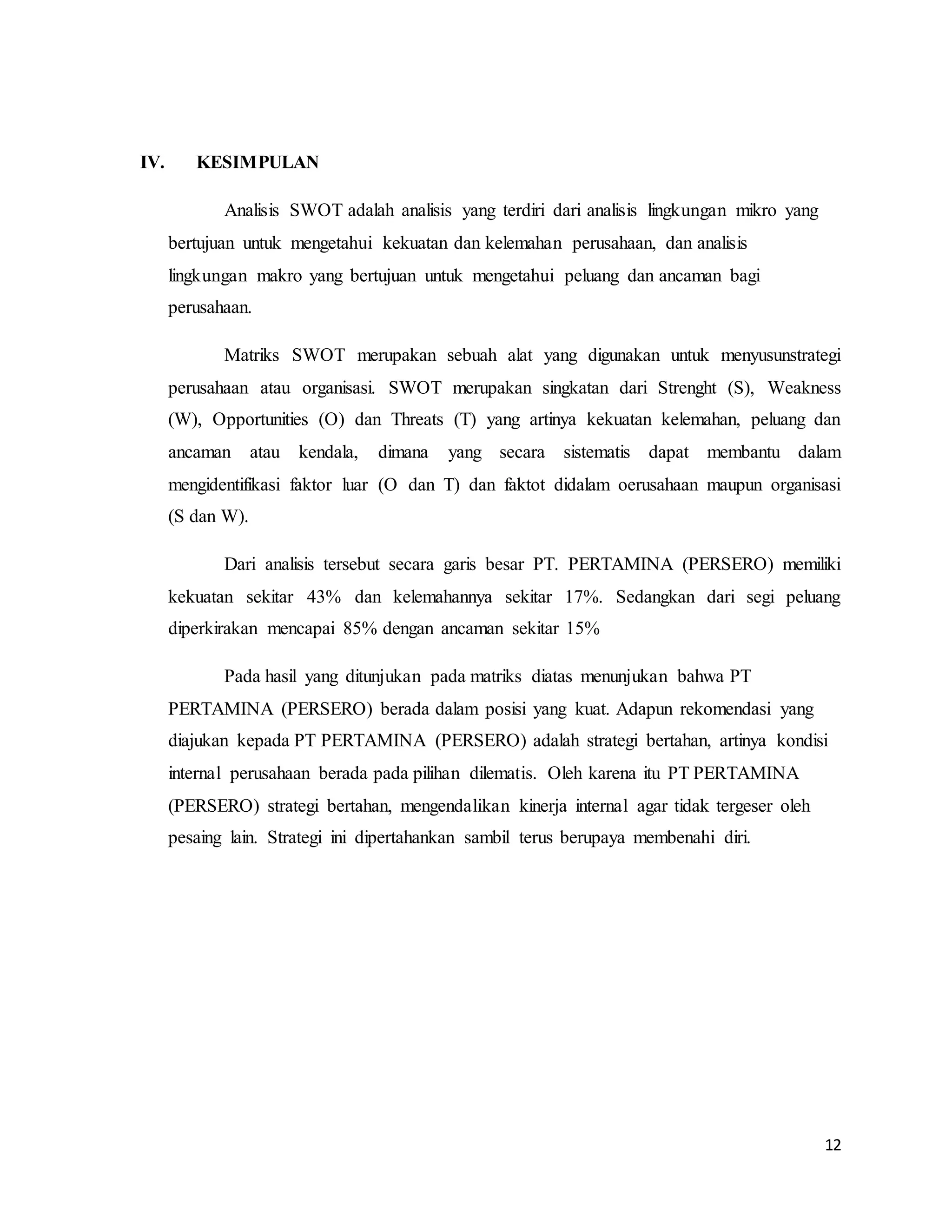 ANALISIS SWOT PADA PT.PERTAMINA (PERSERO) | DOCX