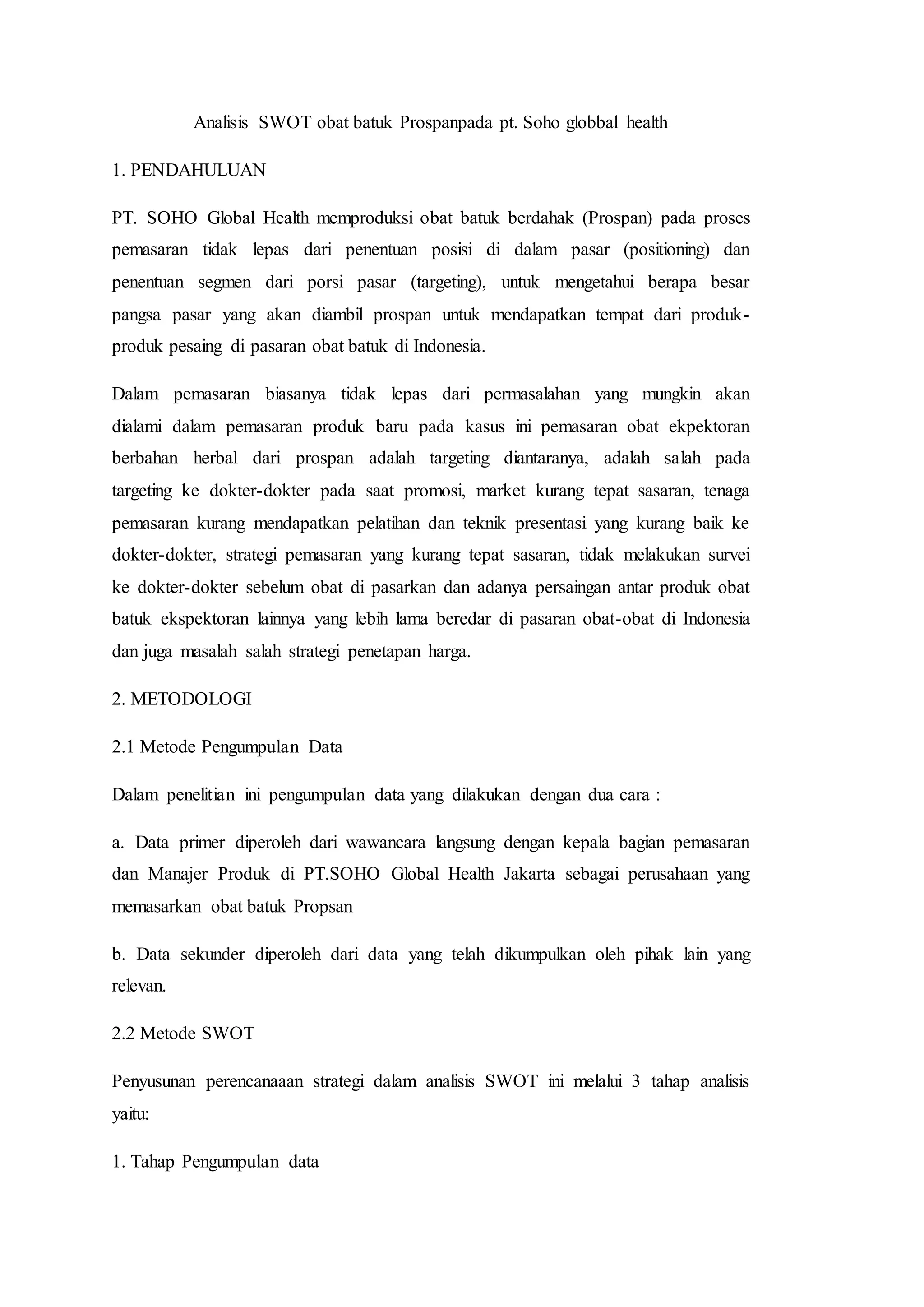 Analisis swot obat batuk prospanpada pt | DOCX