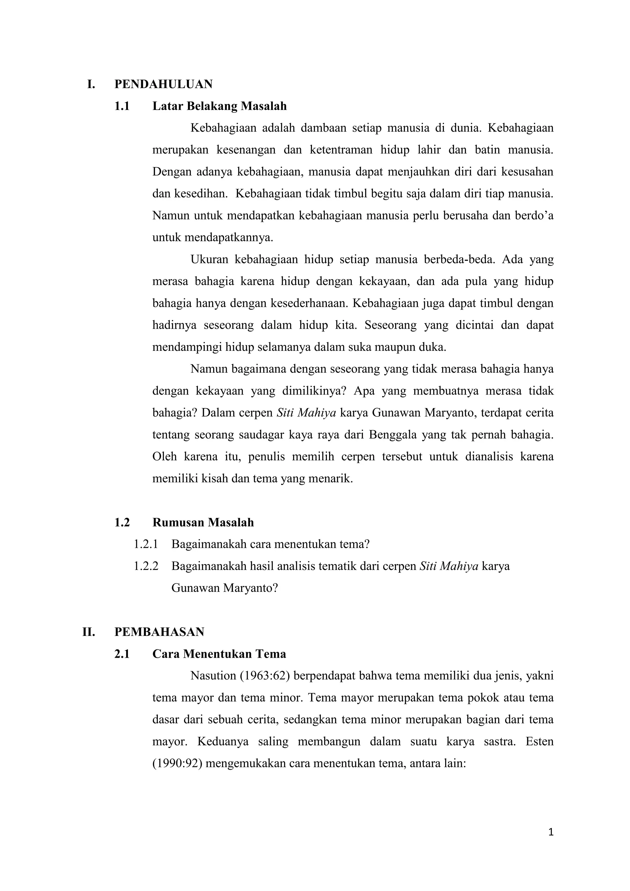 Analisis tematik cerpen siti mahiya karya Gunawan Maryanto | DOCX