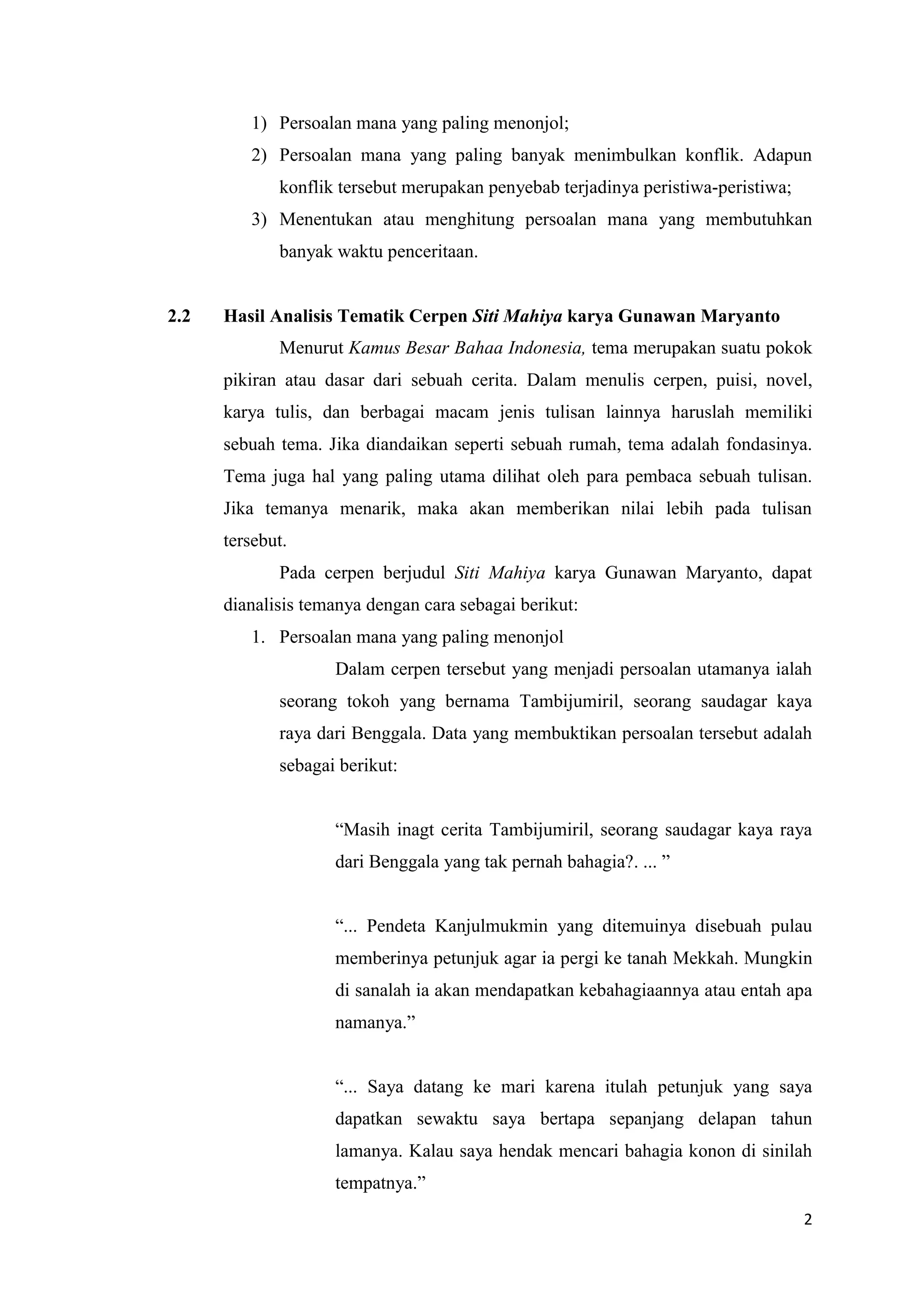 Analisis tematik cerpen siti mahiya karya Gunawan Maryanto | DOCX